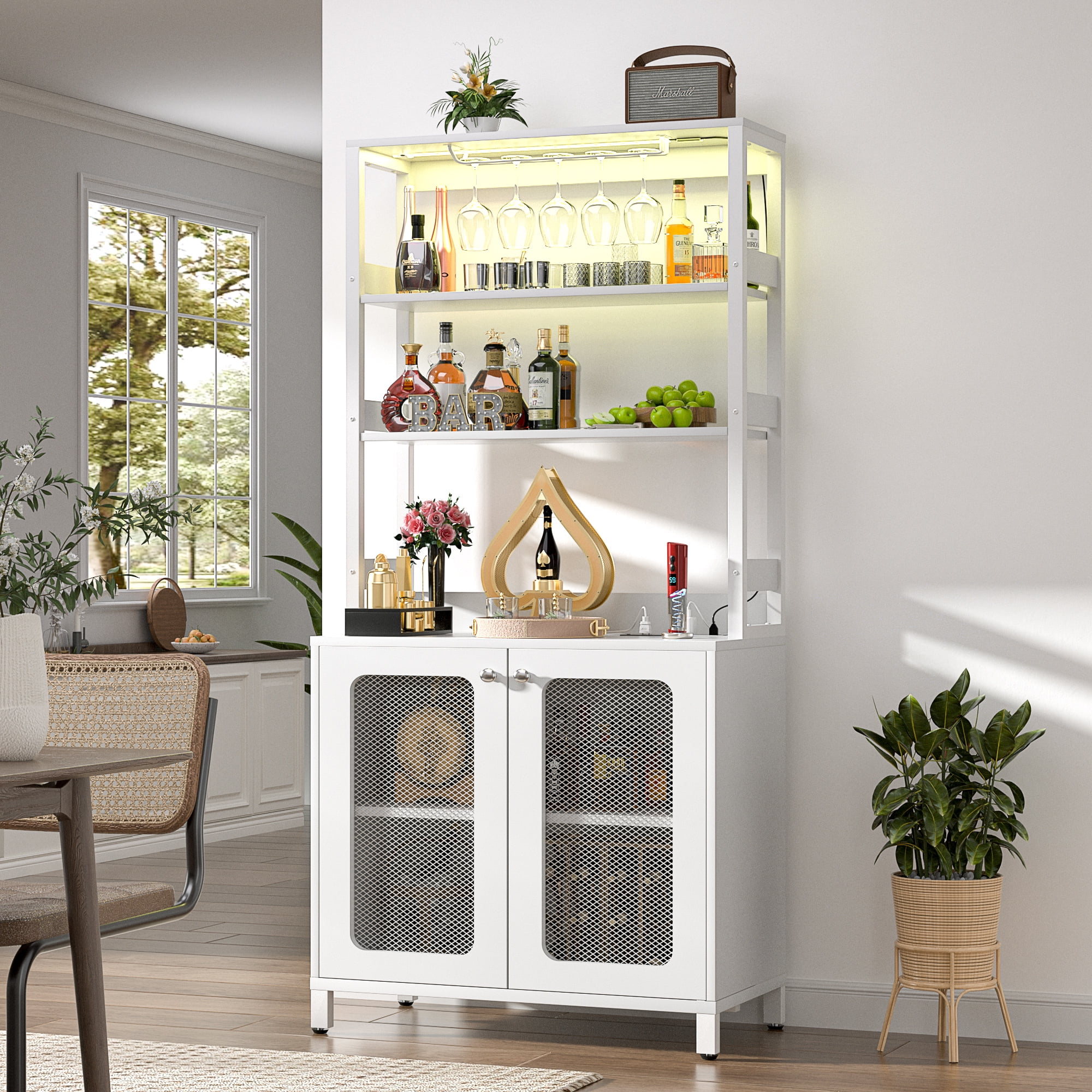 iSunirm Tall Wine Bar Cabinet with LED Light and Power Strip, 67 ...
