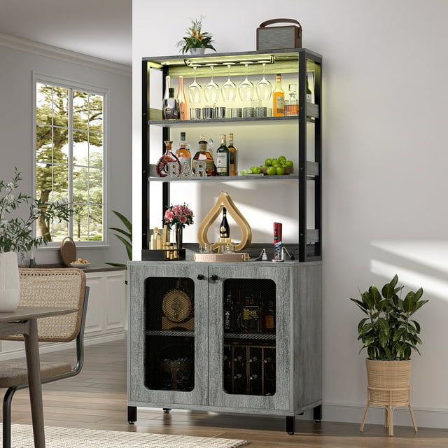 iSunirm Tall Wine Bar Cabinet with LED Light and Power Strip, 67 ...