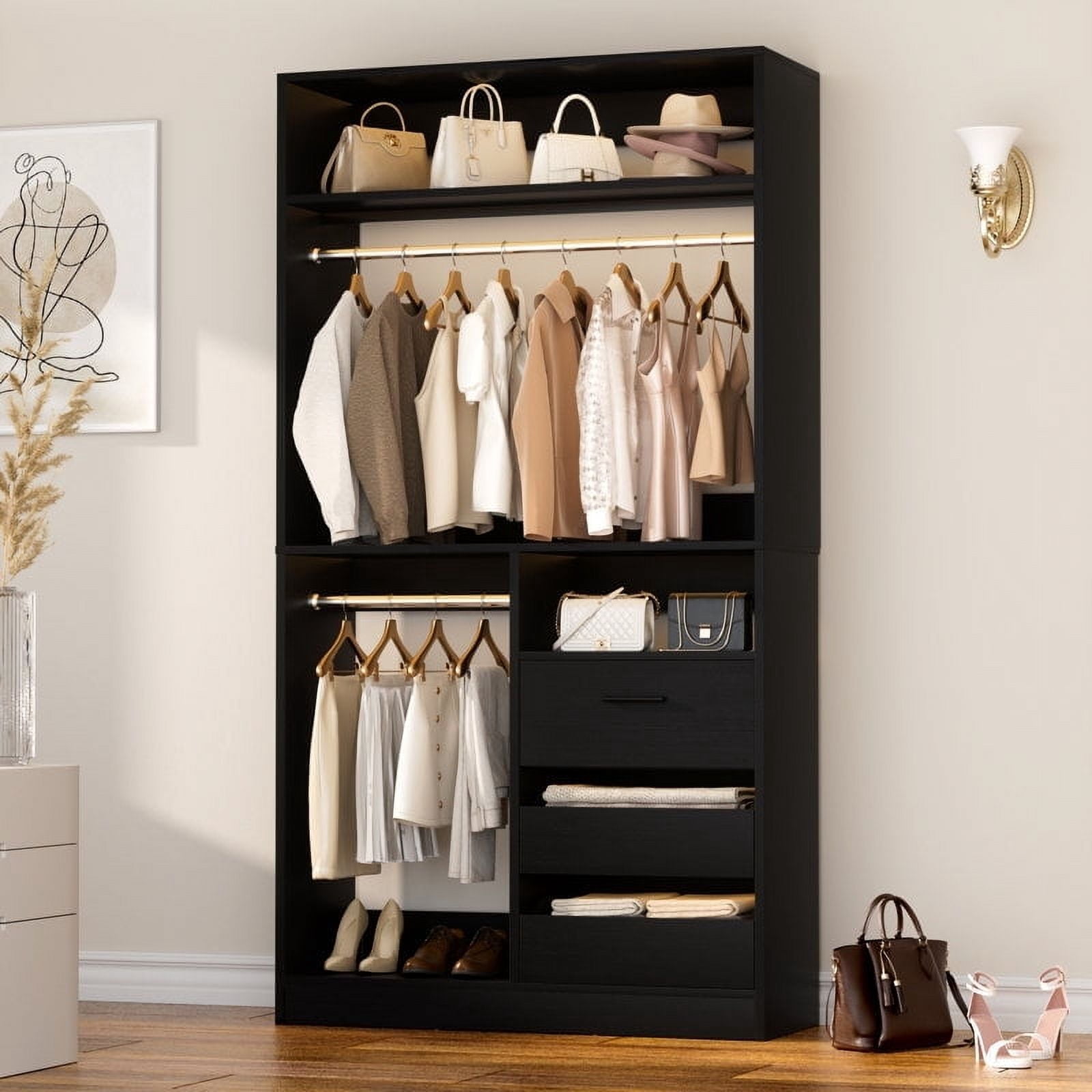 iSunirm Walk-in Closet System with 3 Wooden Drawers, 36" Standing ...