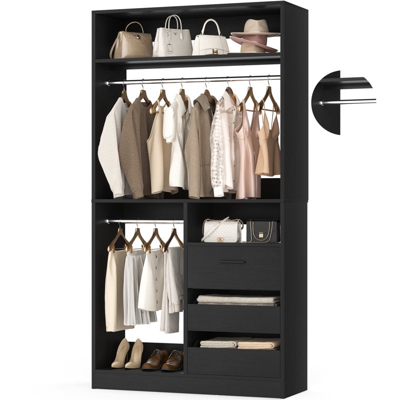iSunirm Walk-in Closet System with 3 Wooden Drawers, 36" Standing ...