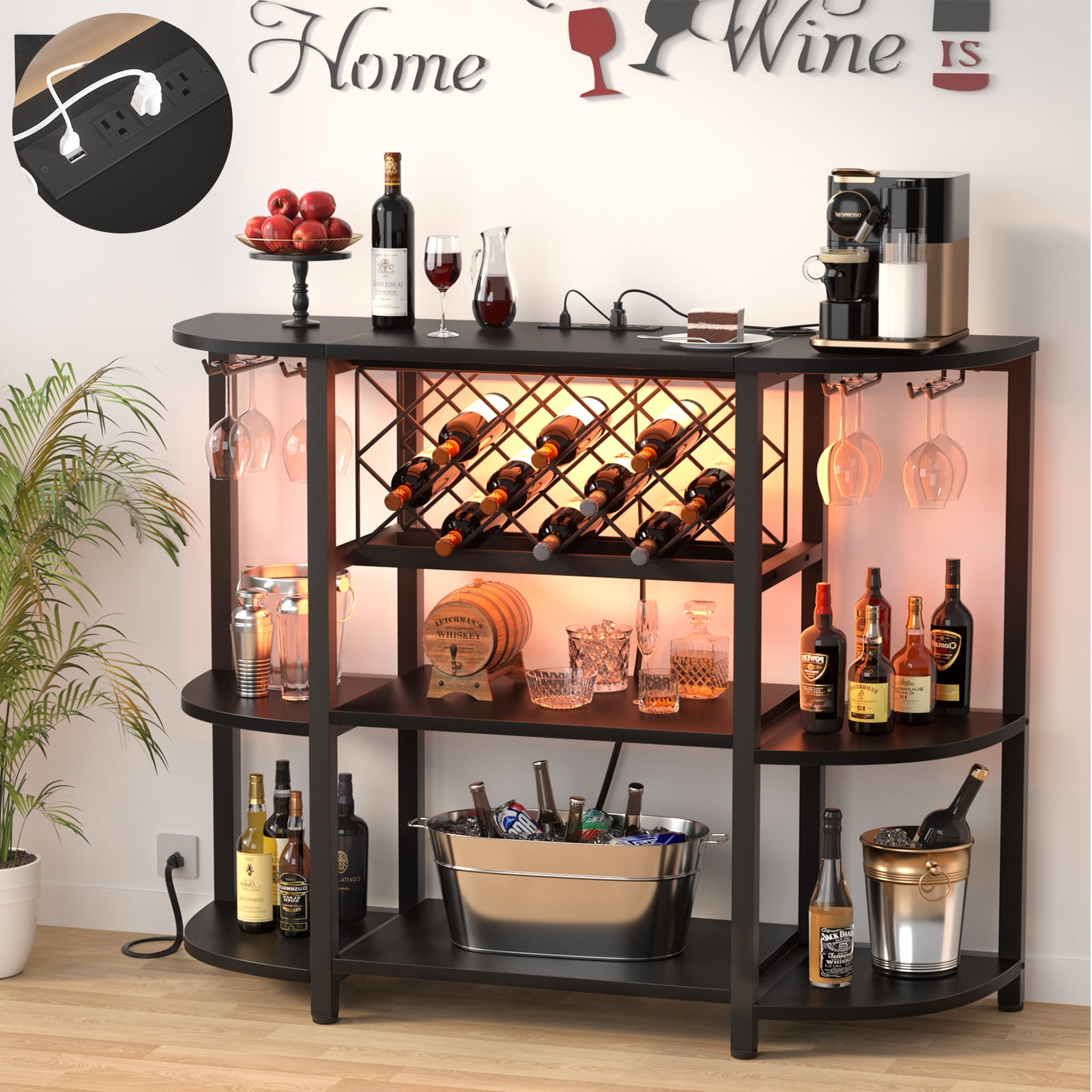 iSunirm 3-Tier Wine Bar Cabinet with Power Outlets and LED Lights, Bar ...