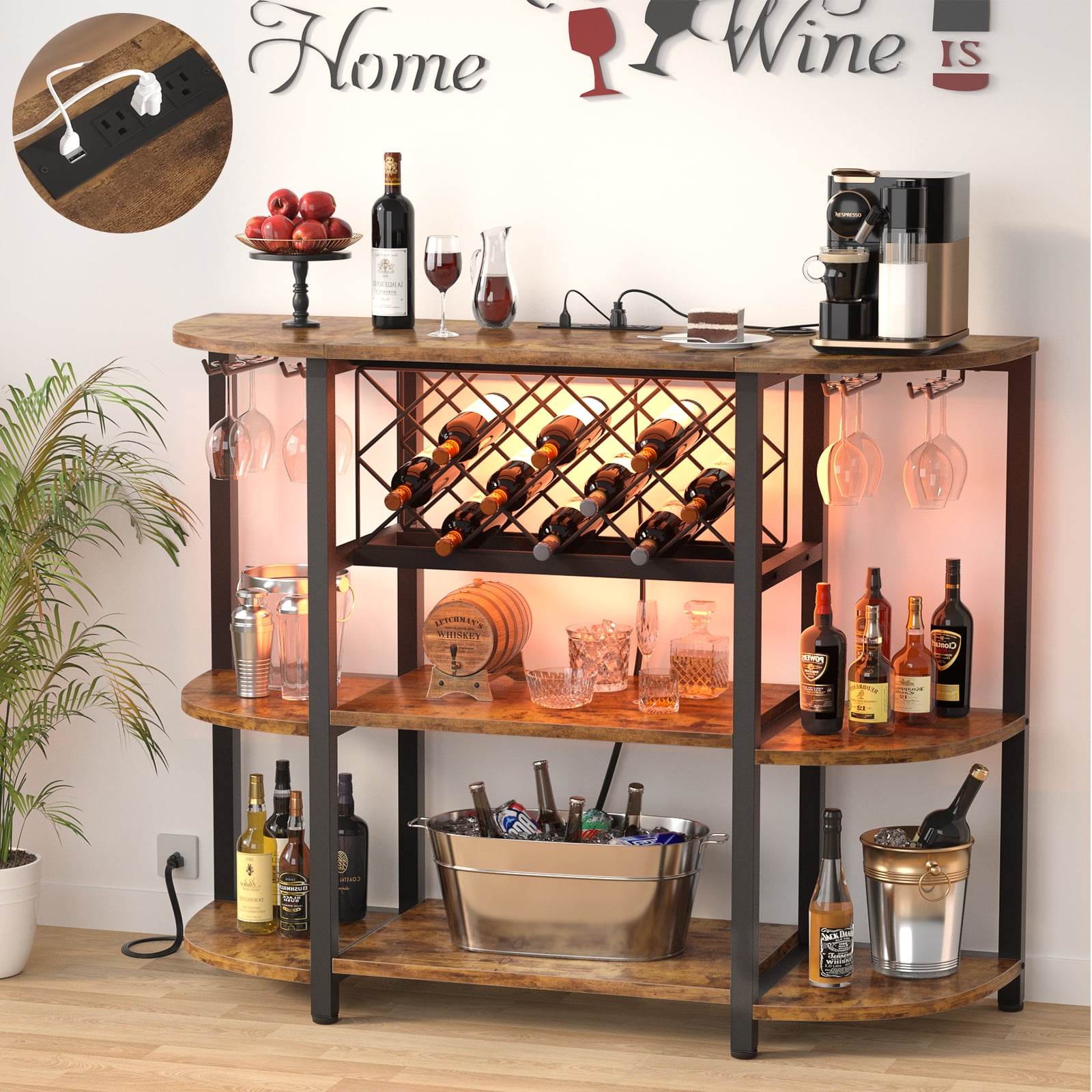 iSunirm 3-Tier Wine Bar Cabinet with Power Outlets and LED Lights, Bar ...