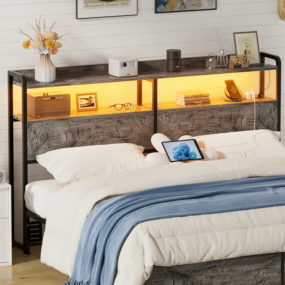 King Headboard with Storage & Charging, Adjustable Height Headboard ...