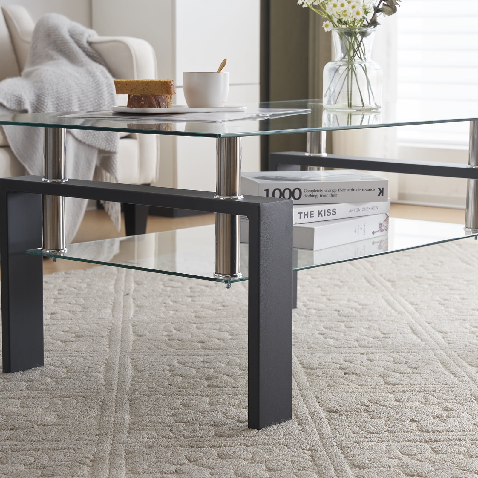 iTopRoad Glass Double Tiers Coffee Table, Elegant Modern Rectangular ...