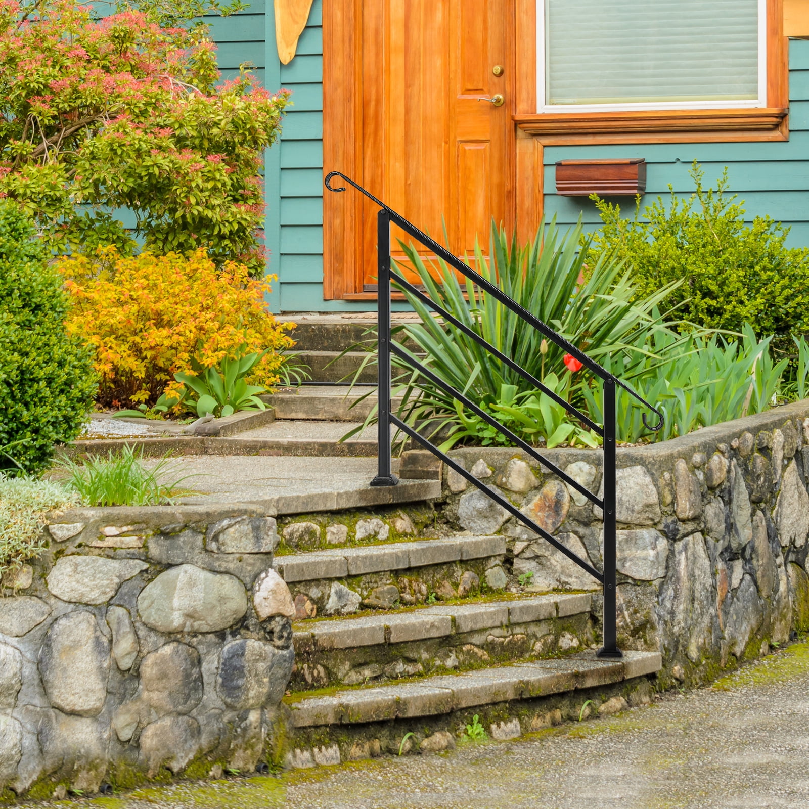 iTopRoad Outdoor 1-4 Step Wrought Iron Picket Handrail Curly Design ...