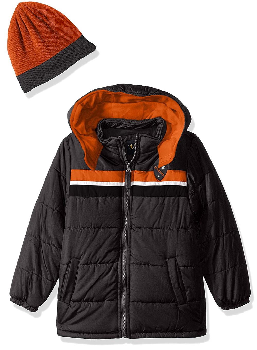 iXtreme Boys 4-7 Chest Stripe Puffer Jacket W/ Hat (Charcoal 5 ...