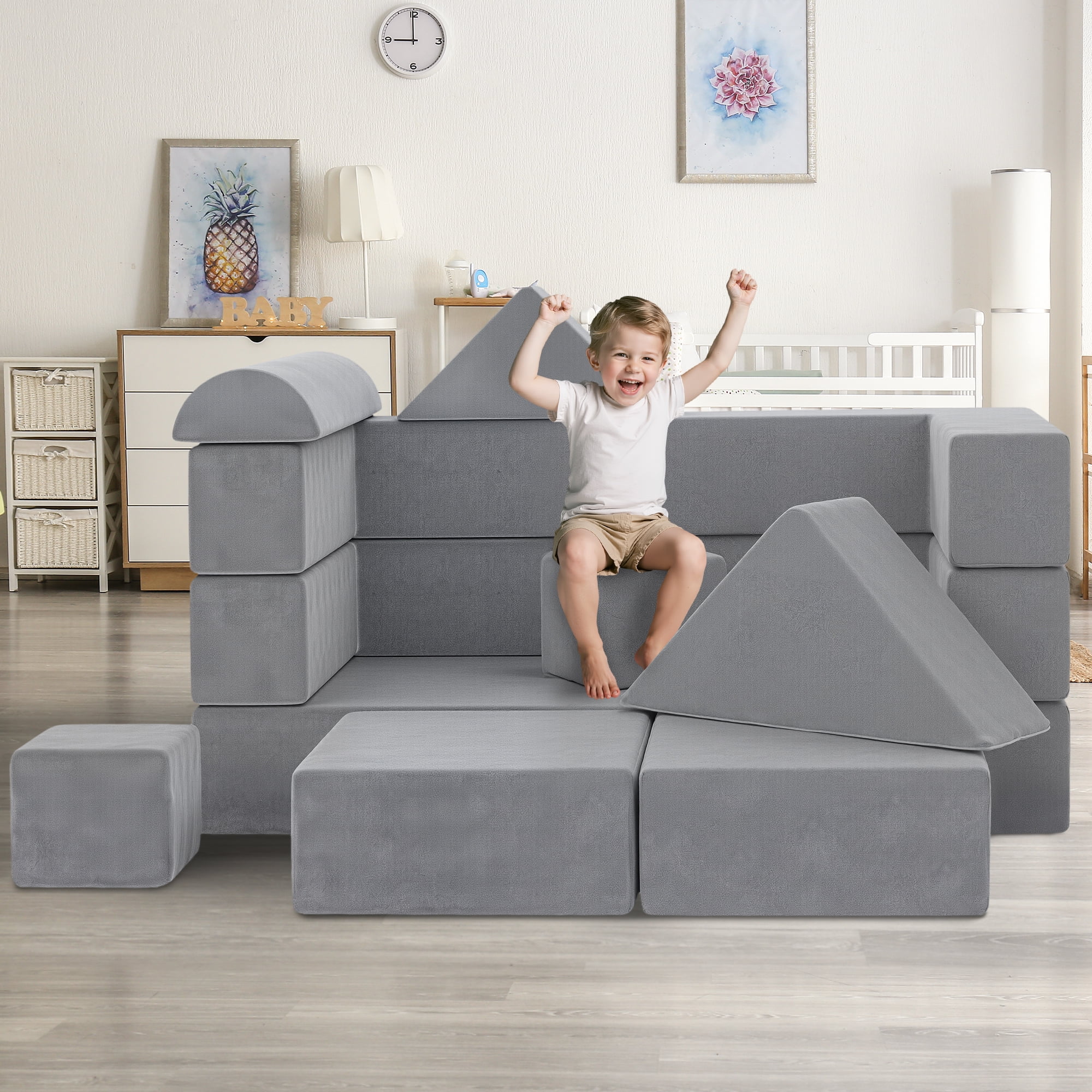 iYofe Kids Couch Sofa, 12PCS Modular Play Couch Set with 8 Shapes ...