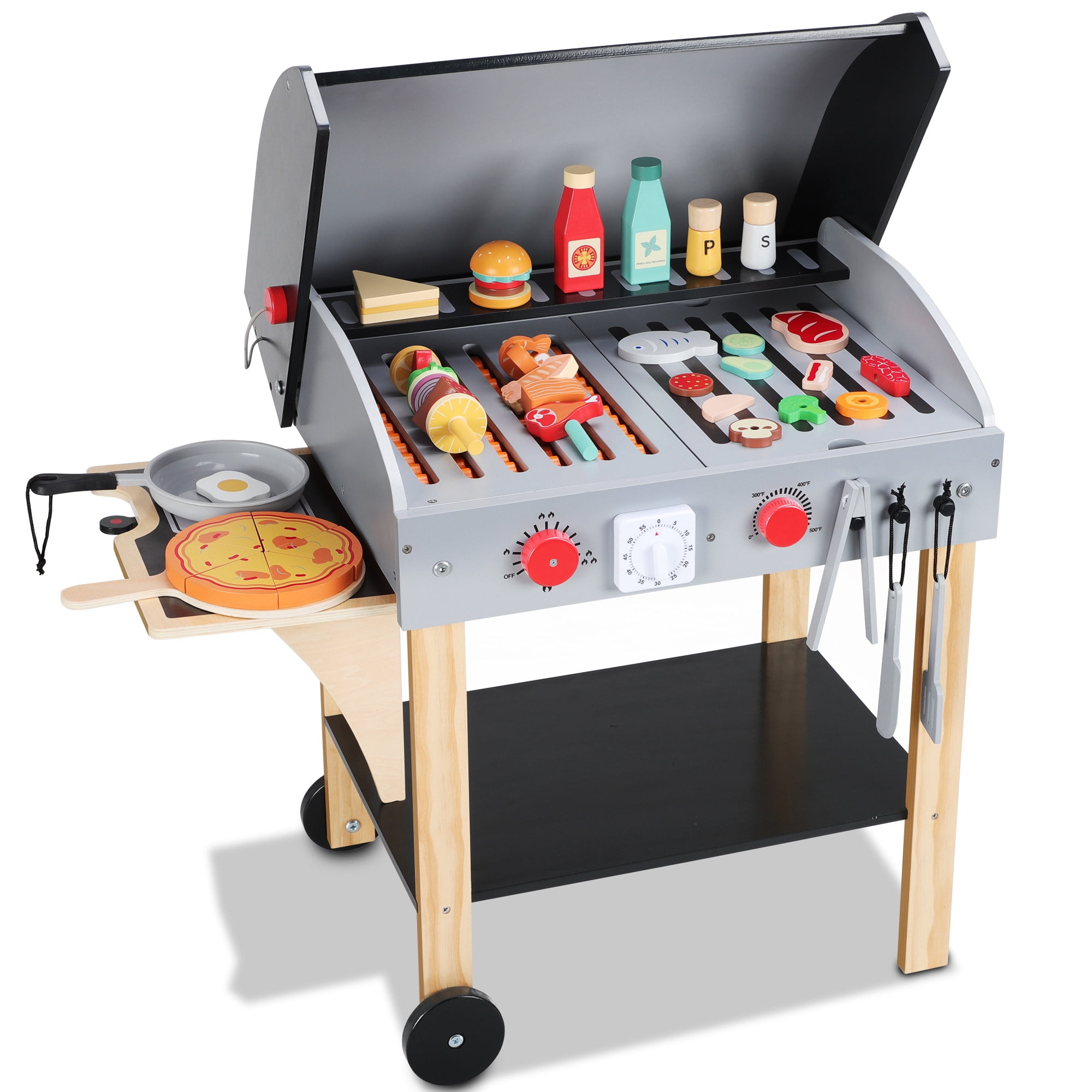 iYofe Toy Grill 52 PCS Kids Grill Playset Wooden Deluxe Pretend Play ...