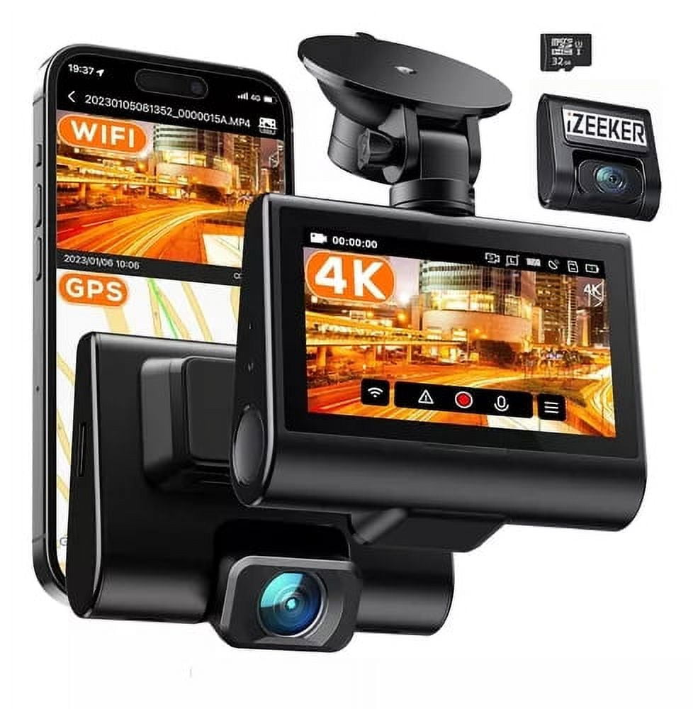 iZEEKER 4K Dash Cam Front and Rear Wi-Fi GPS, 3'' IPS Touchscreen, WDR ...