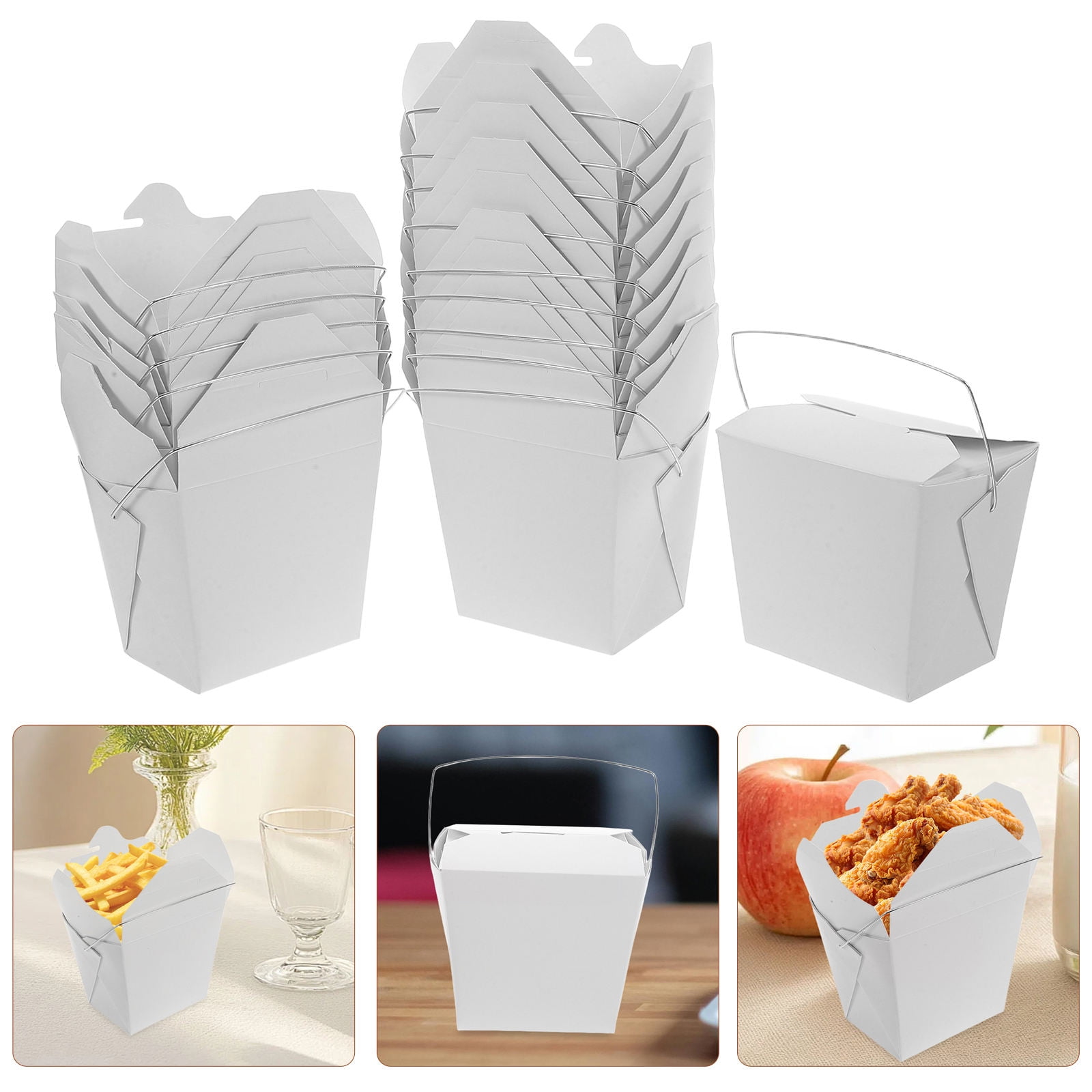 ibasenice 50Pcs White Paper Food Pail Boxes with Wire Handle for Party ...