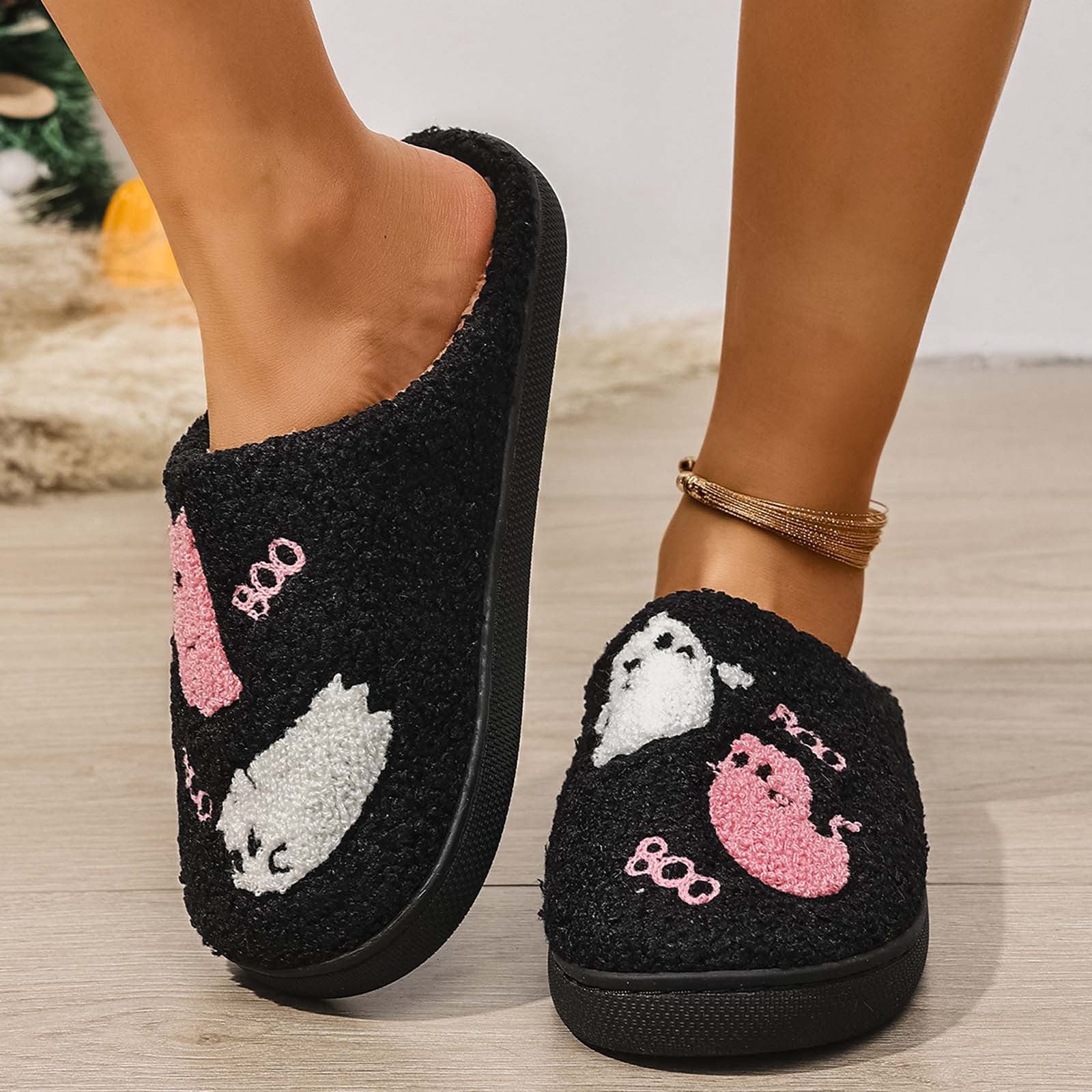 ibiyuan Halloween Women's Slip on Fuzzy Slippers Fuzzy Soft Boo Ghost ...