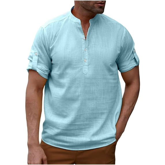 ibuvkizy Linen Mens Shirts Short Sleeve Button Down Casual Plain Stand ...