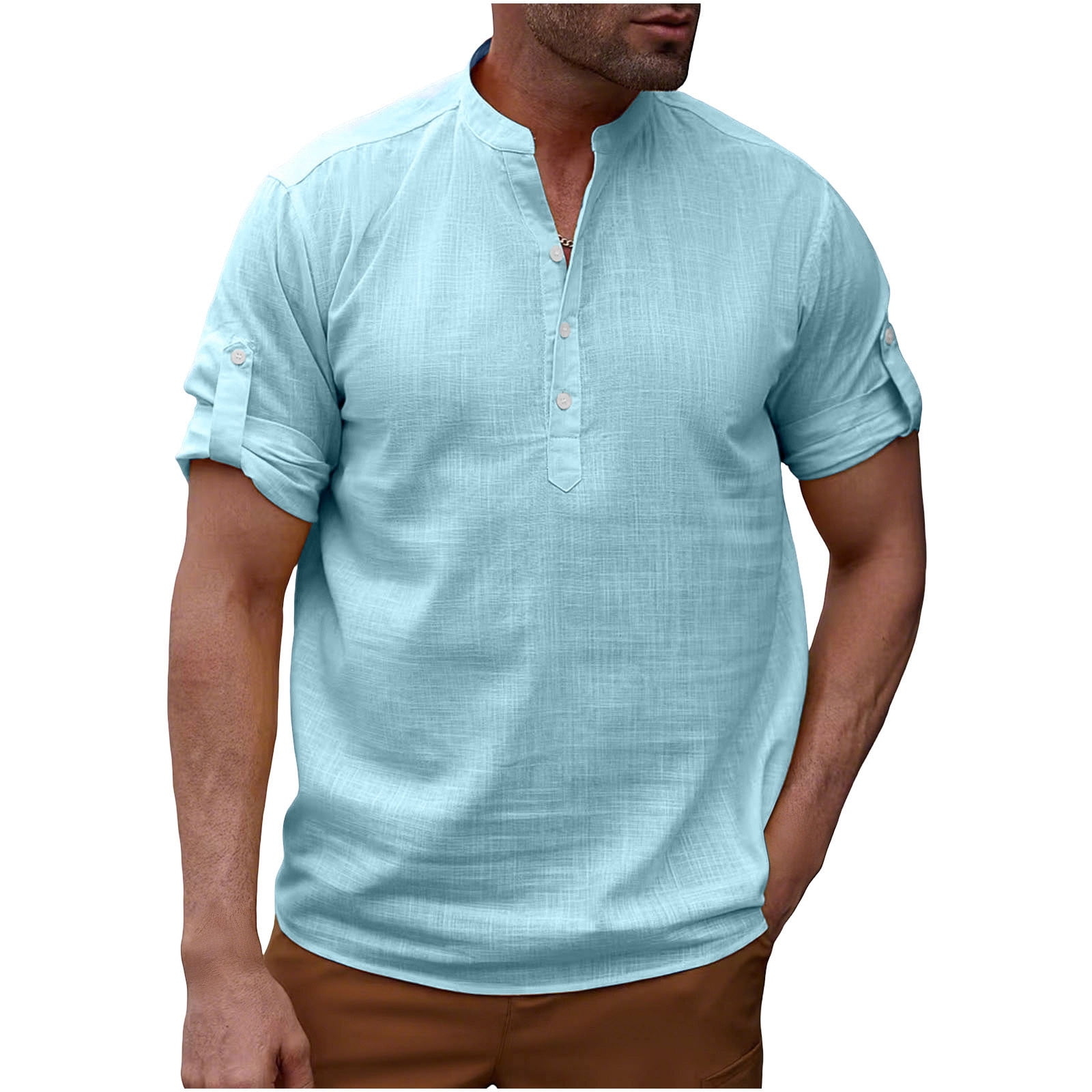 ibuvkizy Linen Mens Shirts Short Sleeve Button Down Casual Plain Stand ...