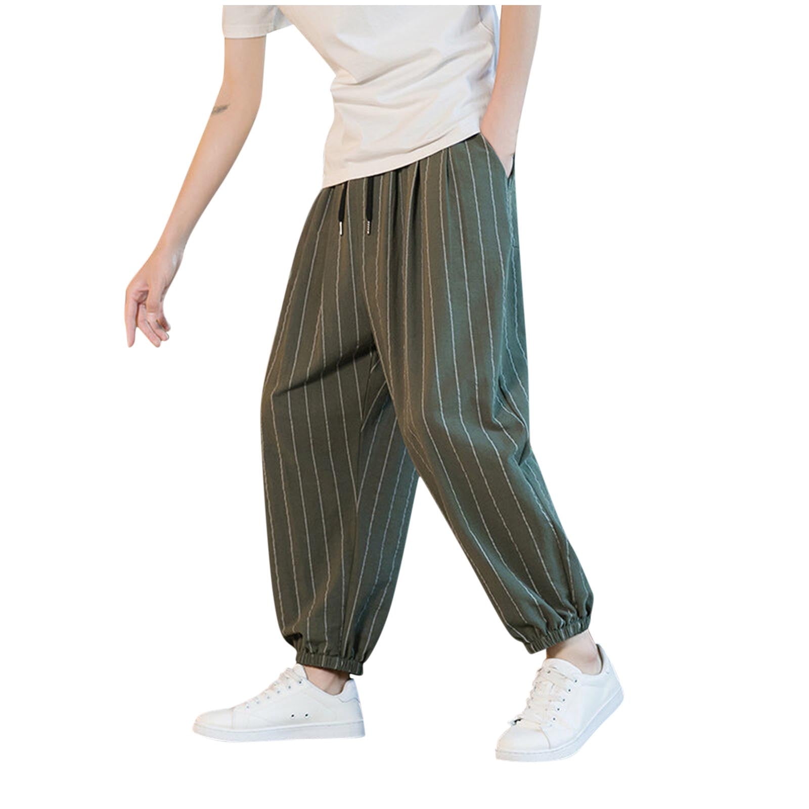 ibuvkizy Linen Pants Men with Pockets Open Bottom Drawstring Elastic ...