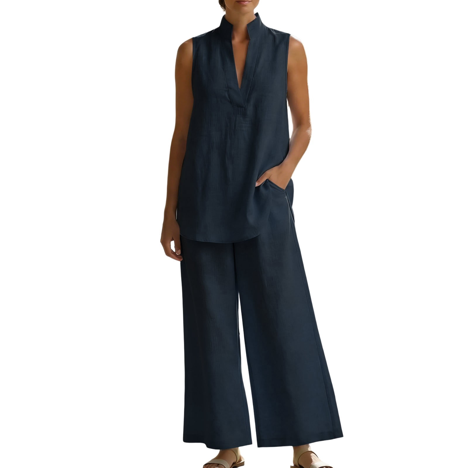 ibuvkizy Womens Two Piece Sets Summer Linen Blend,Stand Collar Split V ...