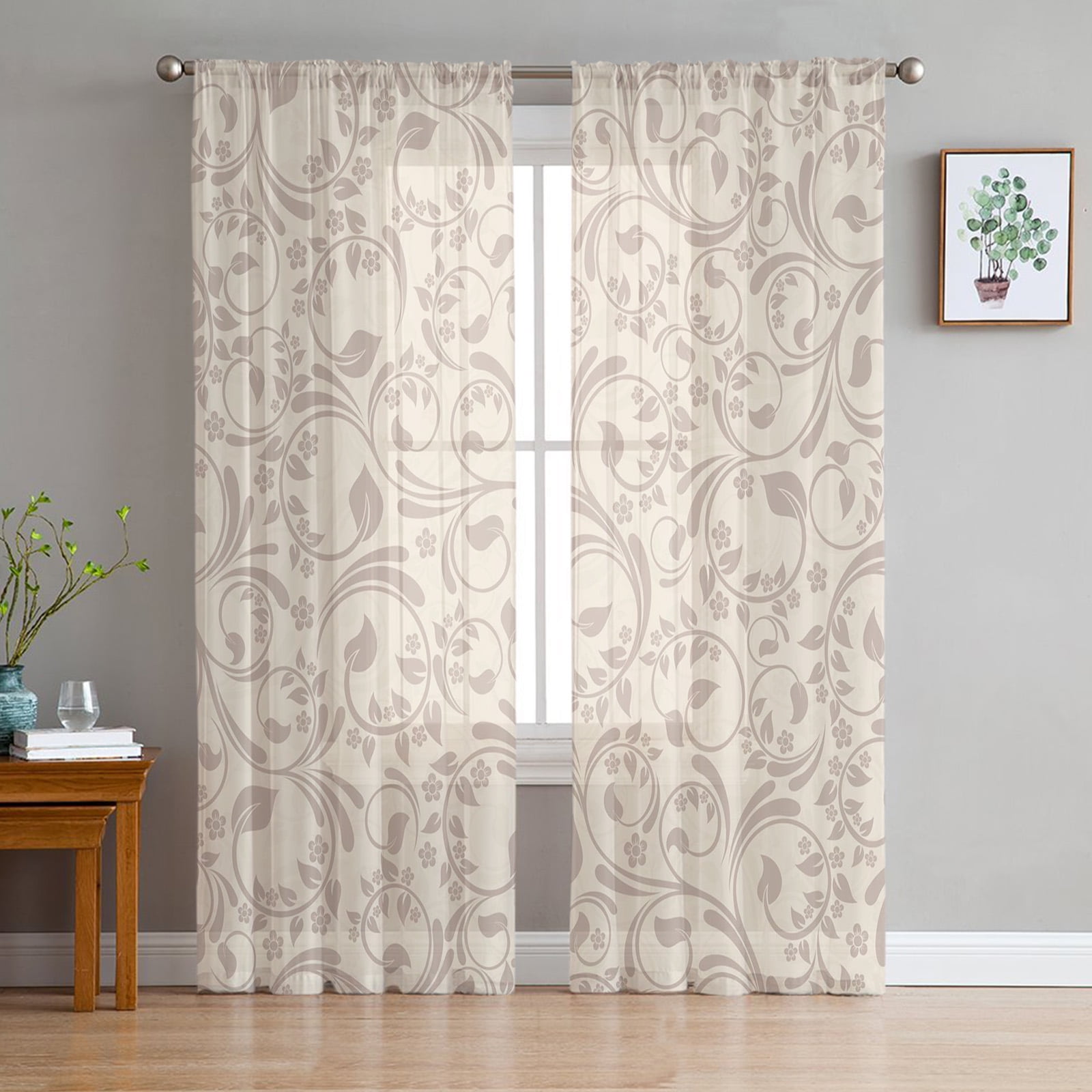 ic Beige Baroque Retro Flowers Sheer Voile Curtains Window Treatment ...