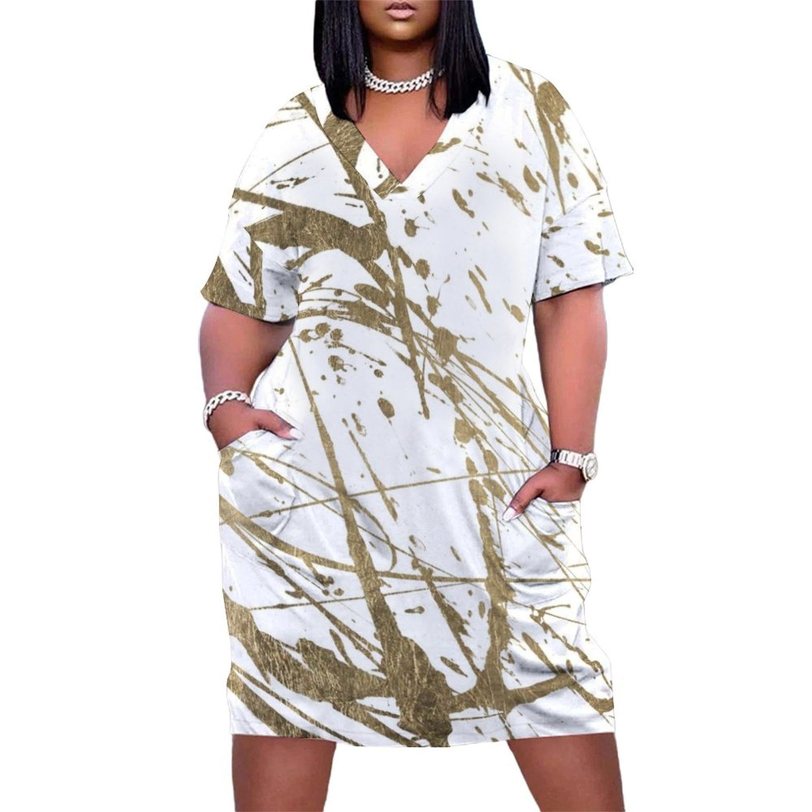 ic white abstract faux gold paint splatters Loose Pocket Dress ...