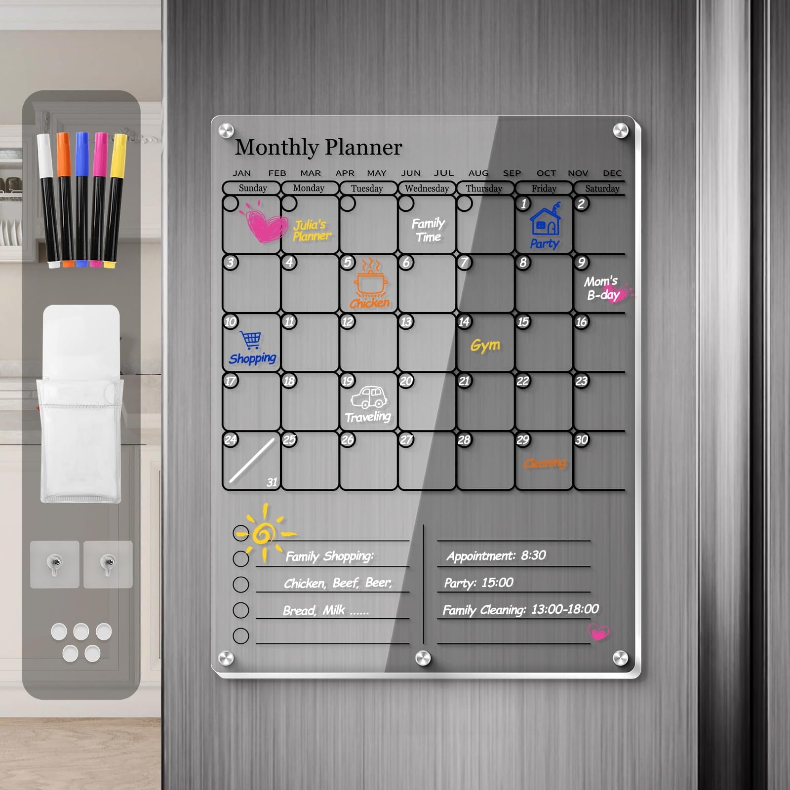 ideaTech Acrylic Magnetic Dry Erase Calendar for Fridge, Clear Monthly Planner Whiteboard ...