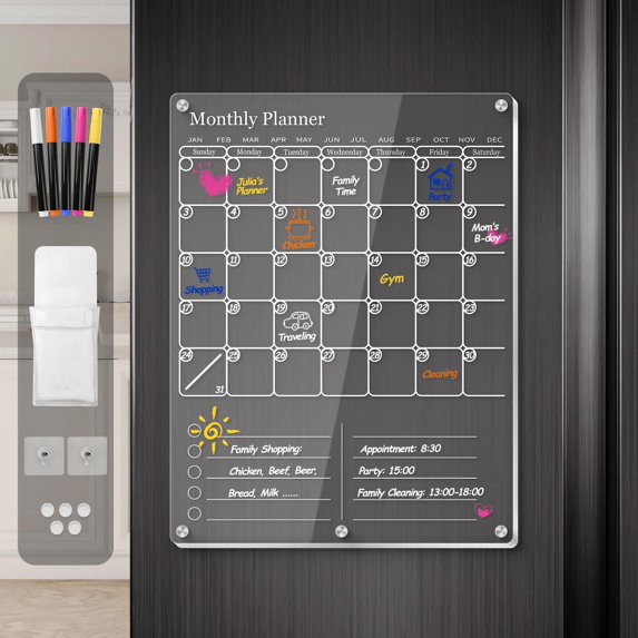 ideaTech Acrylic Magnetic Dry Erase Calendar for Fridge, Clear Monthly ...