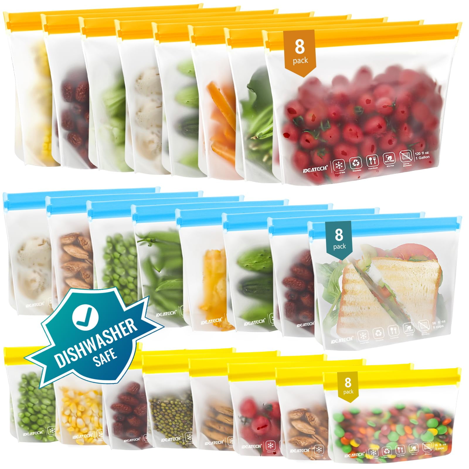 ideaTech Reusable Food Storage Bags, 24 Count- Leakproof Slide Zipper ...