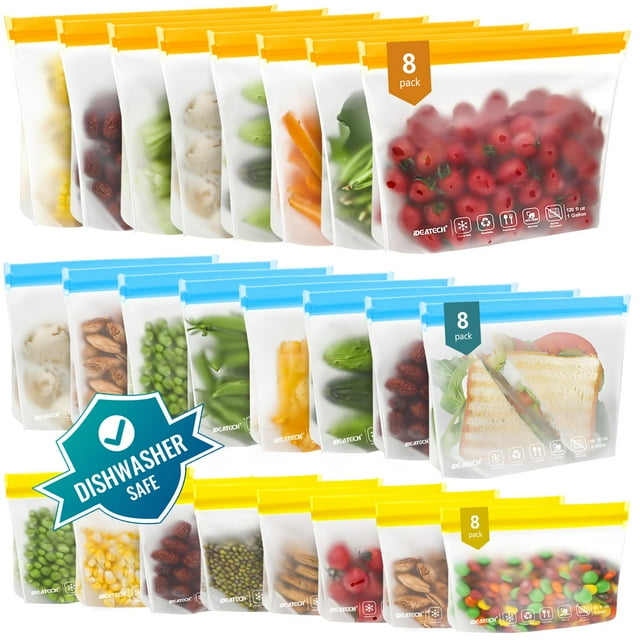 ideaTech Reusable Food Storage Bags, 24 Count- Leakproof Slide Zipper Stand Up Freezer Bags ...