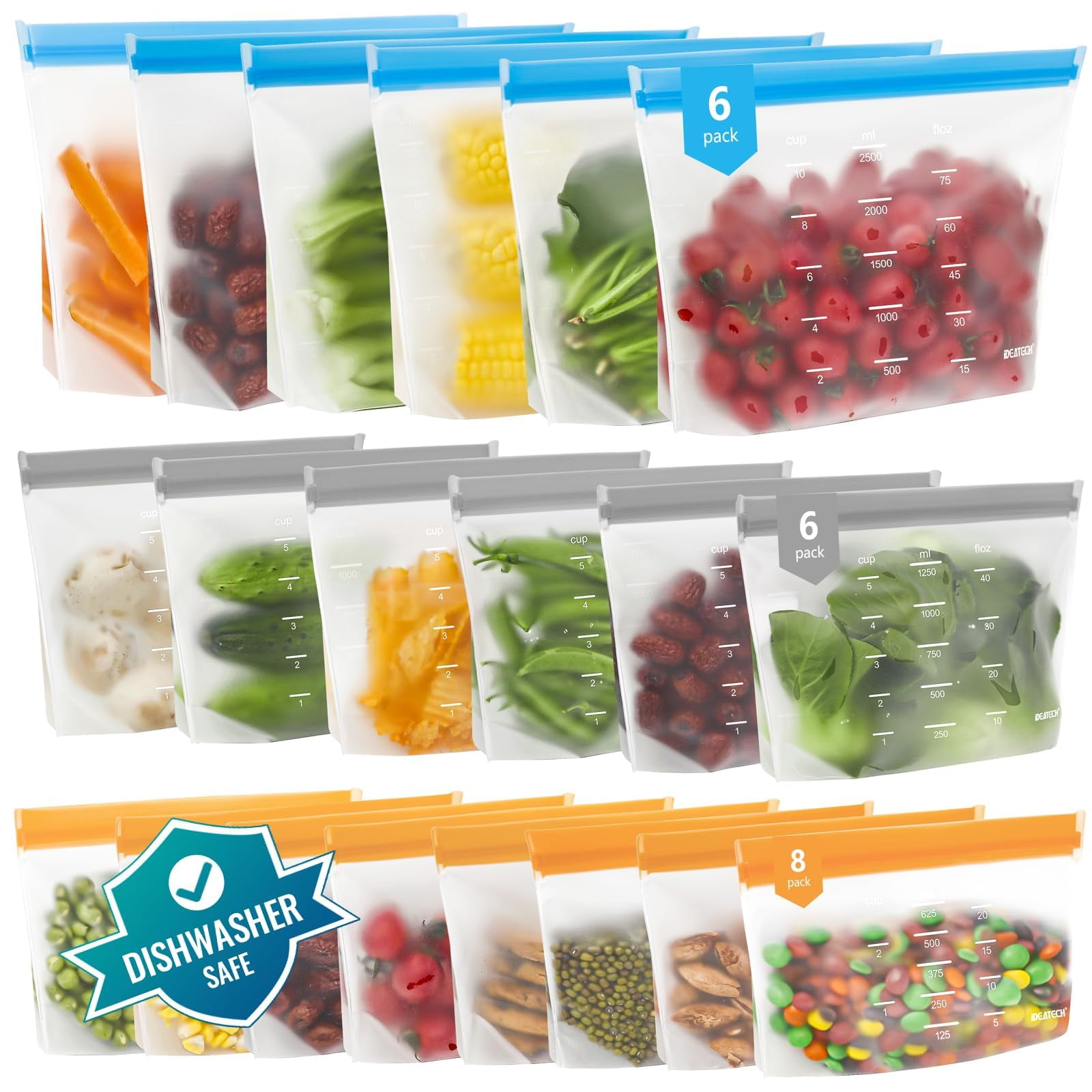 ideaTech Reusable Food Storage Bags Gallon, 20 Pack Leakproof Ziplock Freezer Bags (6 Gallon ...