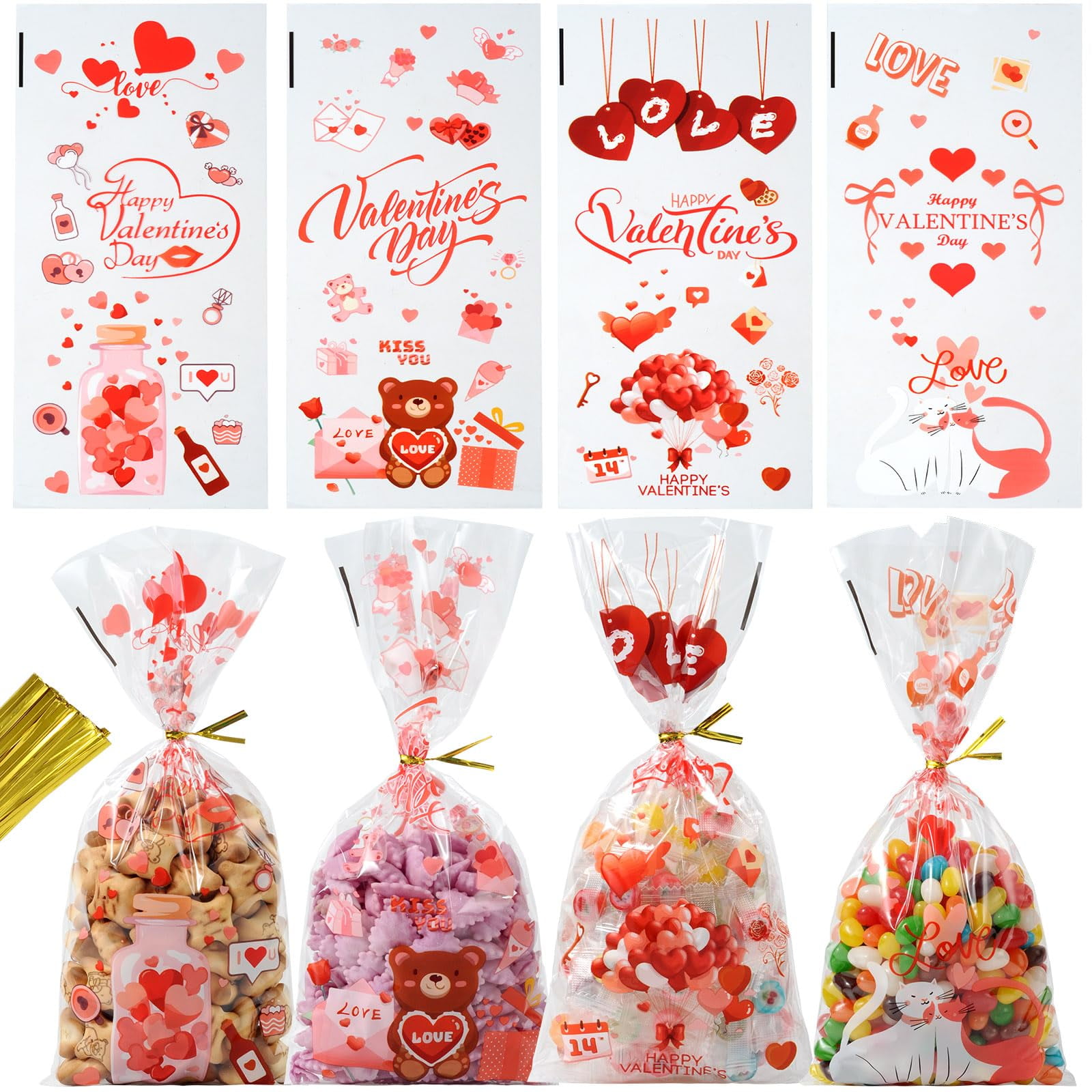 idolpack 50 Pack Valentine's Day Cellophane Bags with 50 Pcs Twist Ties ...