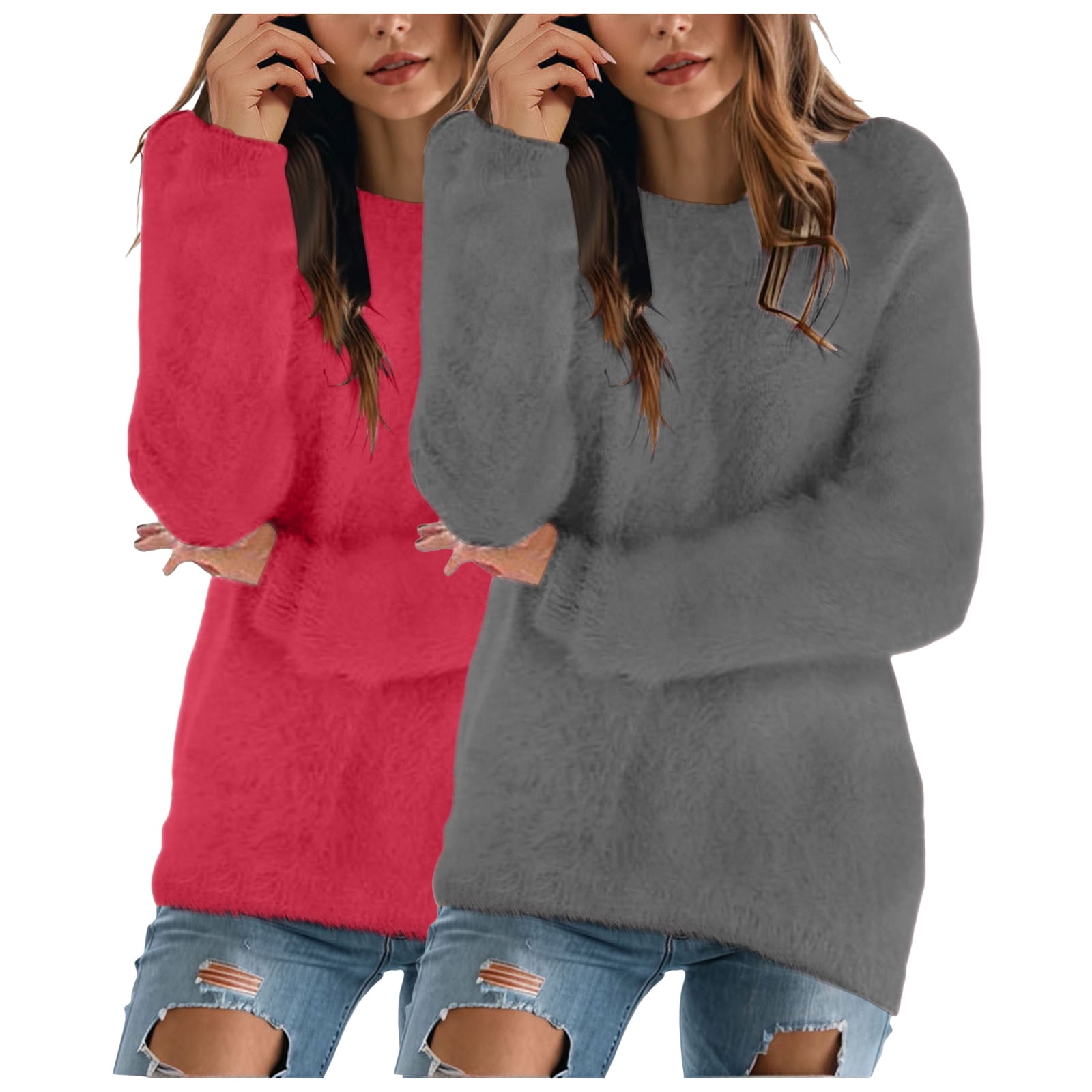 idosla 2 Pack Womens Cute Sweatshirt Warm Long Sleeve Crew Neck Loose ...