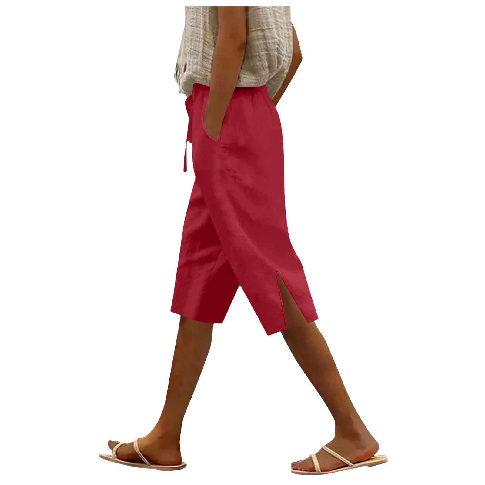 idosla Capris Pants for Women Cotton Casual Summer Wide Leg Drawstring ...