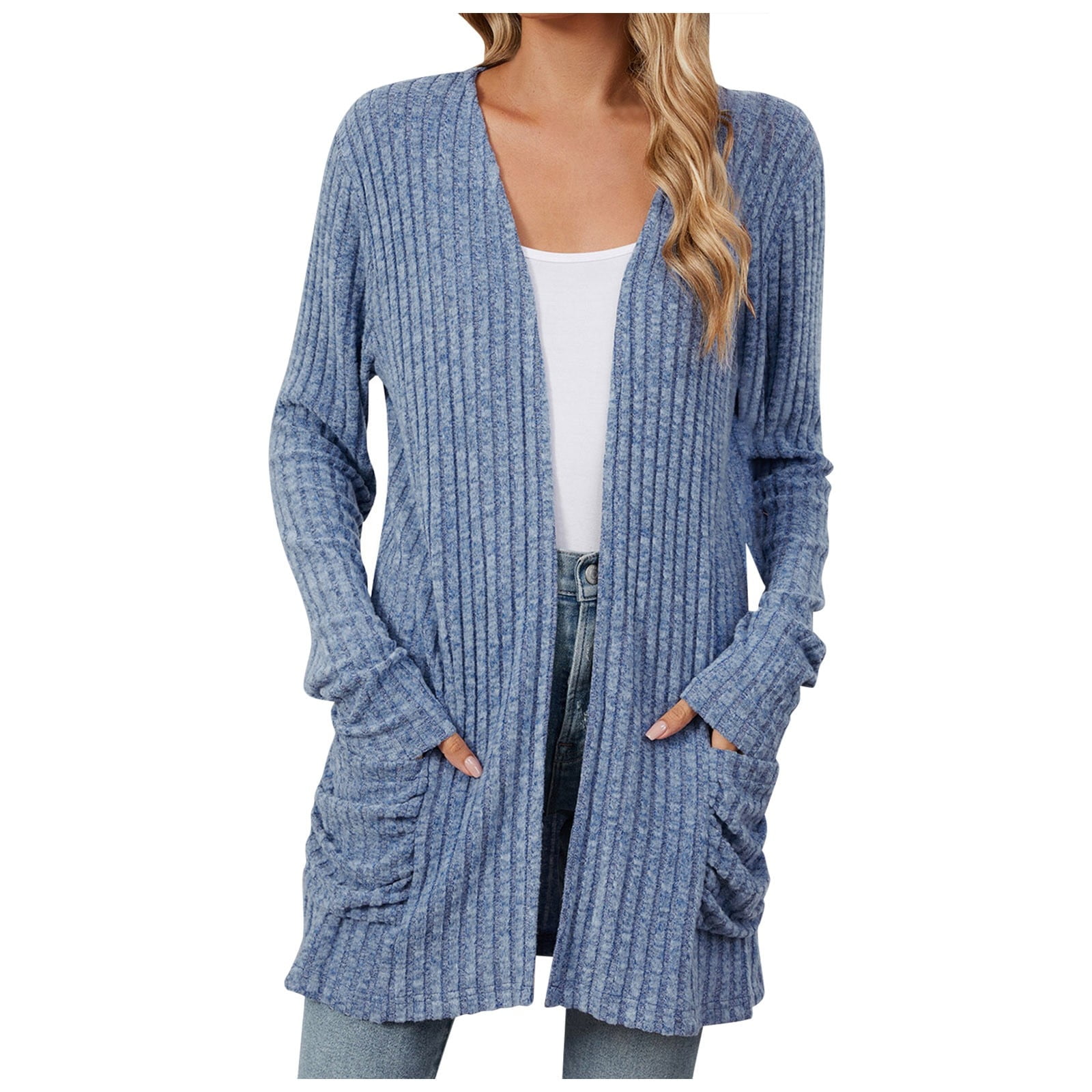 idosla Cardigan Sweaters for Women Fall Open Front Tops Soft Ribbed Knit Ruched Pockets ...
