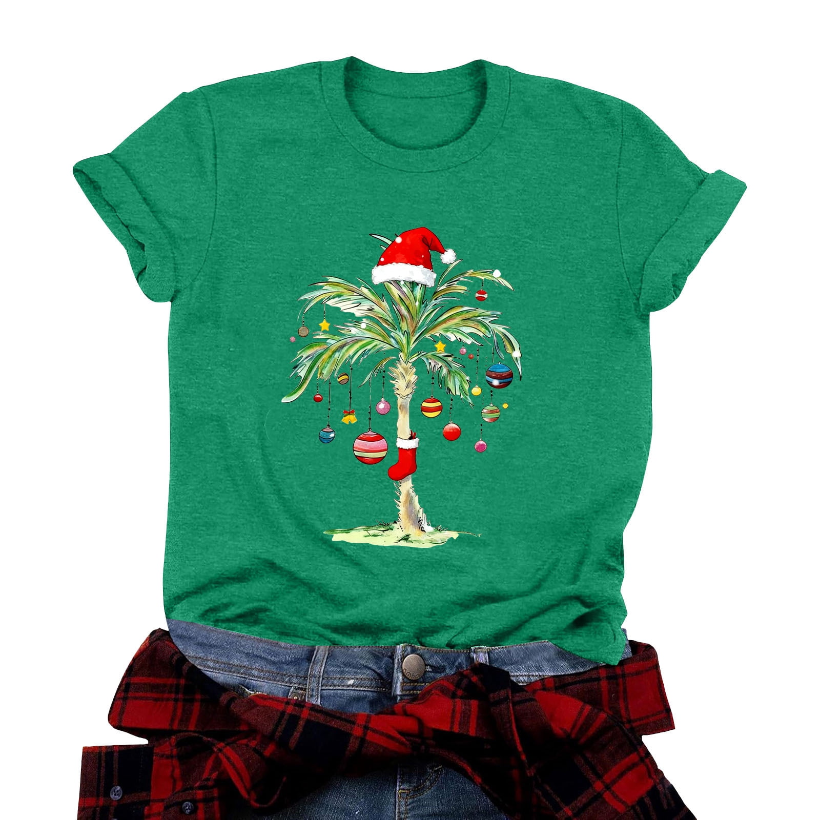 idosla Christmas Palm Tree Shirts for Women Funny Hawaiian Beach ...