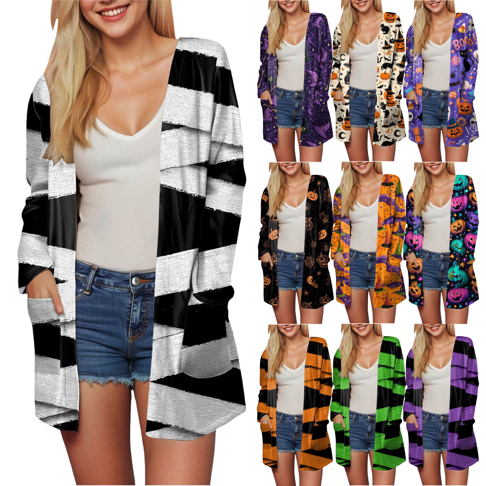 idosla Halloween for Women Adult 2025 Halloween Cardigan Pumpkin Bat ...