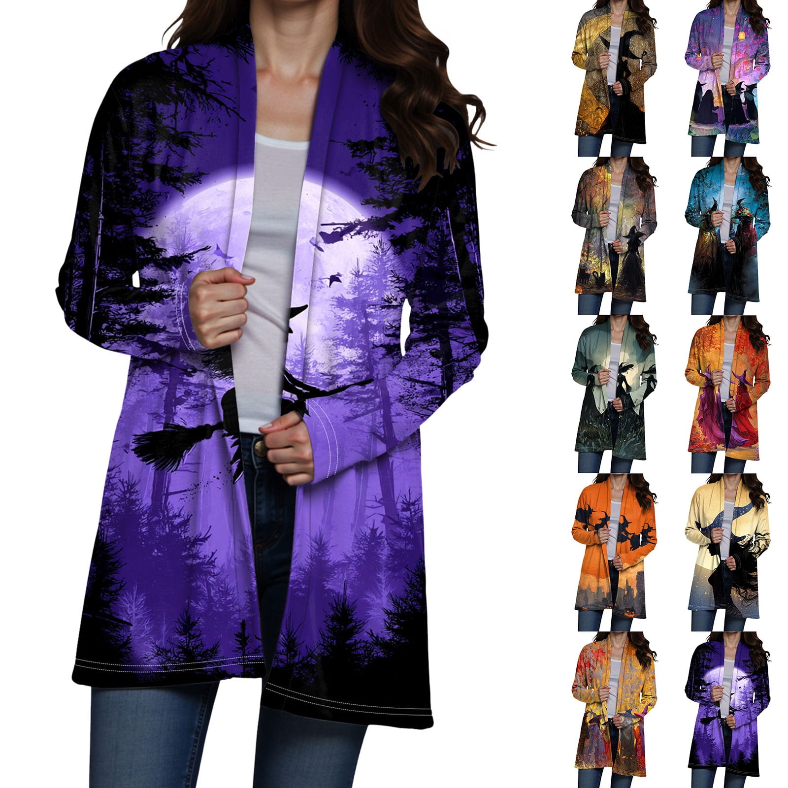idosla Halloween Witch Print Knitting Cardigan for Women Long Sleeve ...