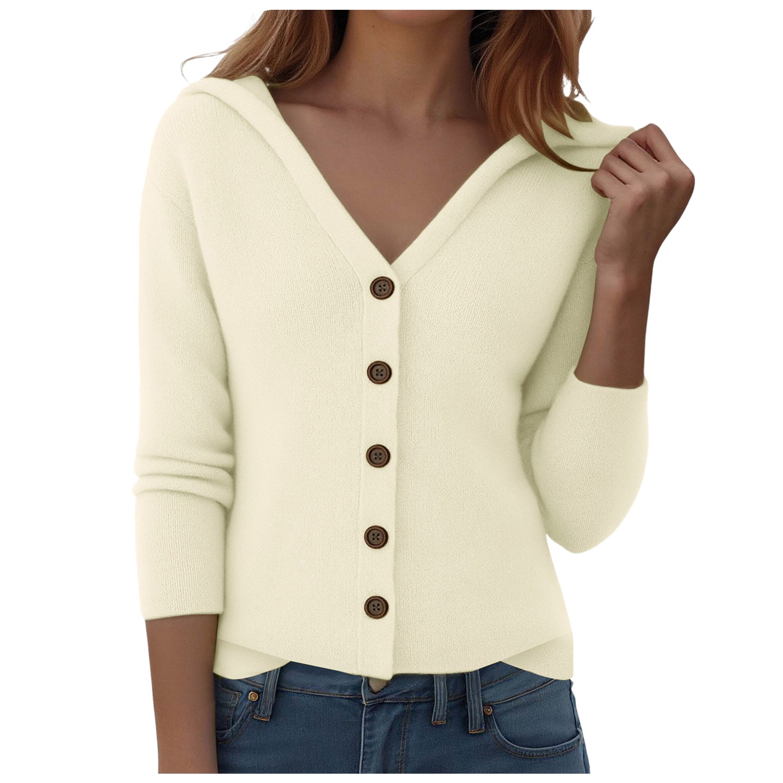 idosla Sweaters for Women Button Up Hoodie Cardigan Solid Color Ribbed ...