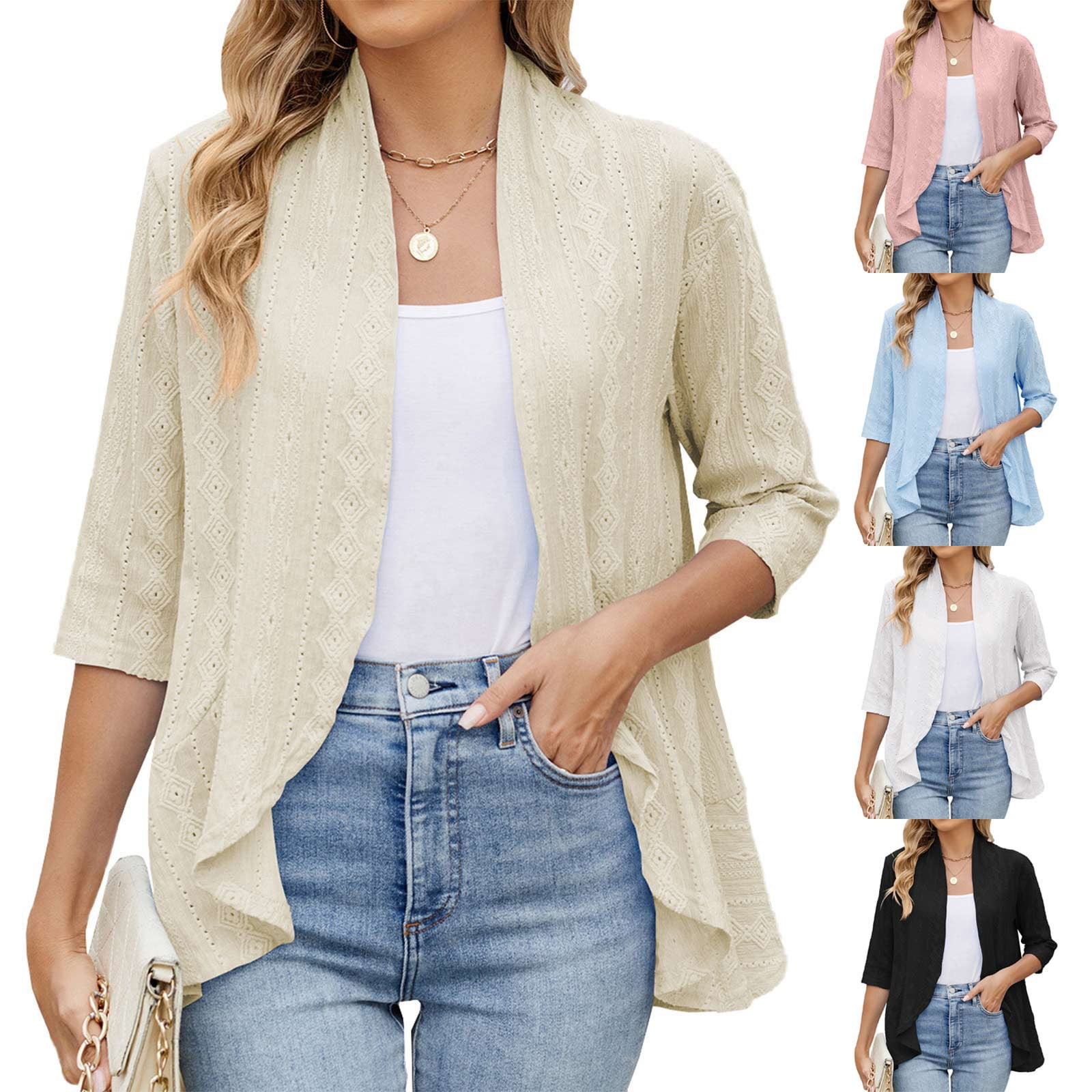 idosla Women Cardigan 3/4 Sleeves Open Front Lightweight Soft Netted ...