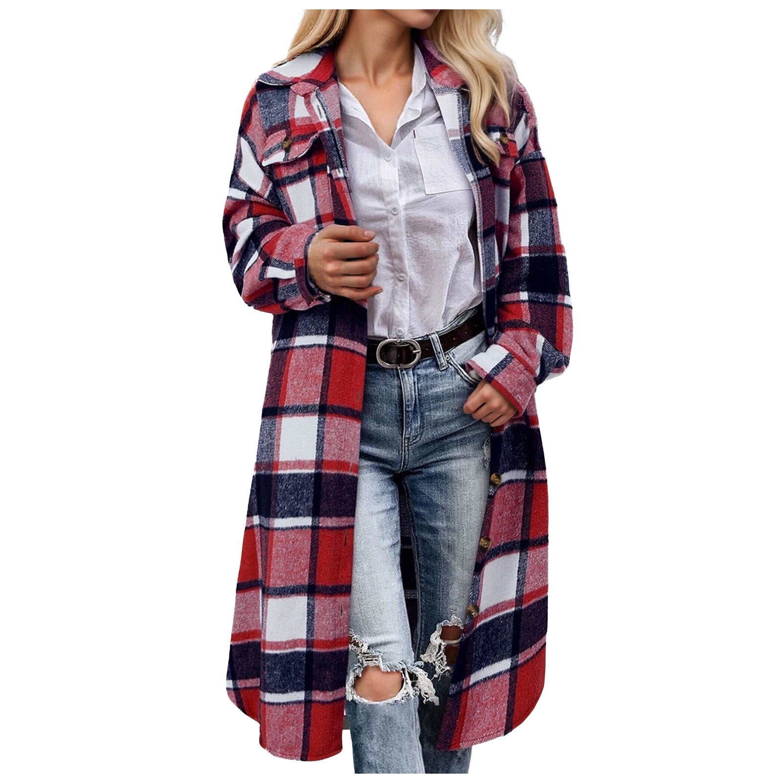 idosla Womens Plaid Shacket Jacket Long Corduroy Shirt Casual Lapel ...