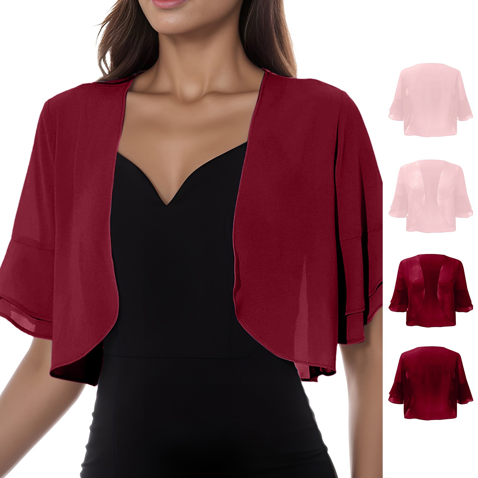 idosla Women Shrug Soft Chiffon Open Front Sheer 3/4 Sleeve Bolero ...
