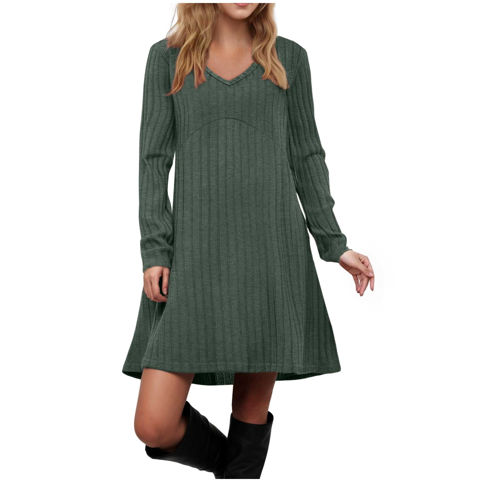 idosla Women's Knit Long Sleeve Sweater Dress Casual V Neck Tunic ...