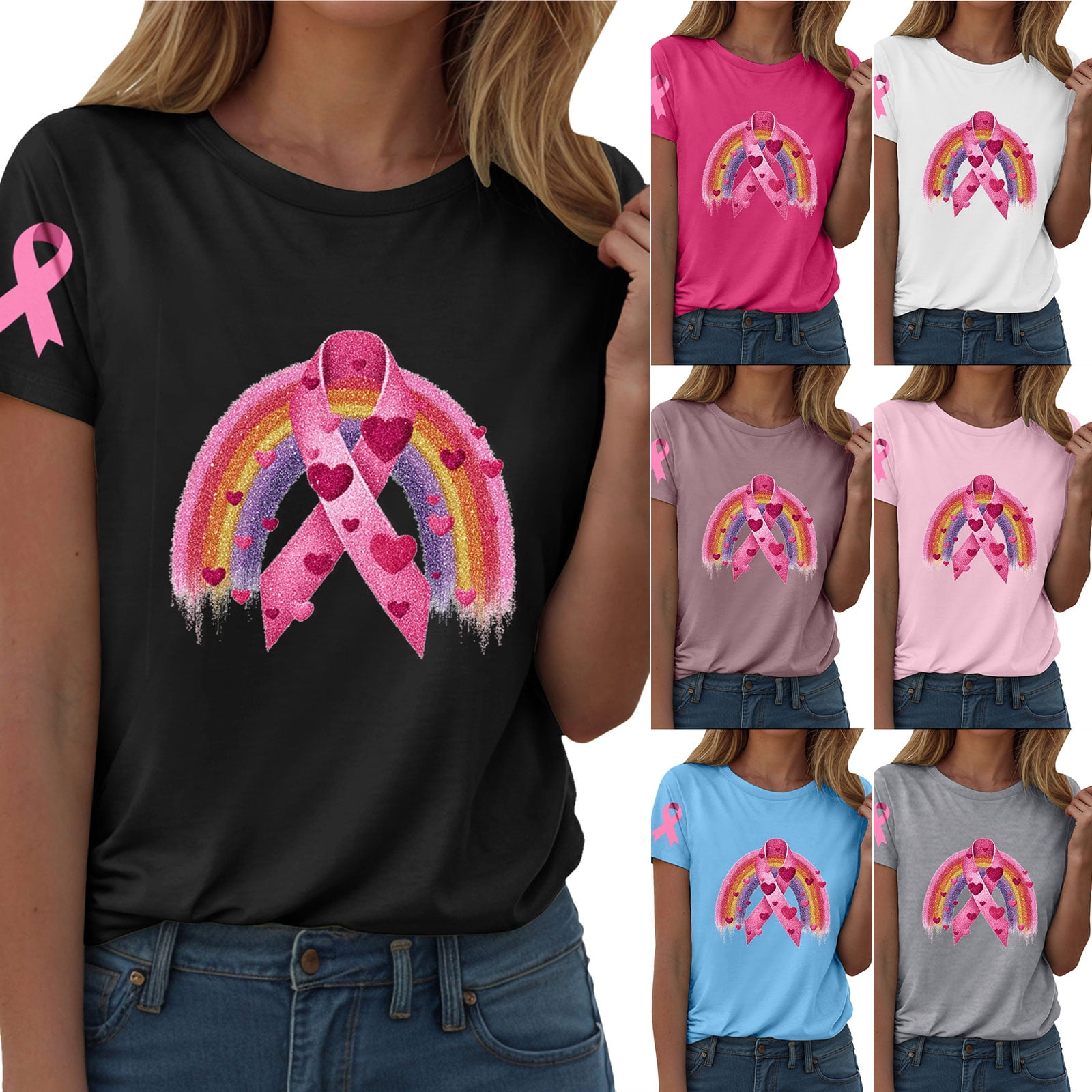 idosla Womens Cancer Shirts Cancer Awareness T-Shirt Heart Pink Ribbon ...