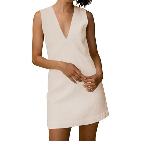 ieFashion Cotton Linen Womens Dresses Sexy V-Neck Sleeveless Basic Tank ...