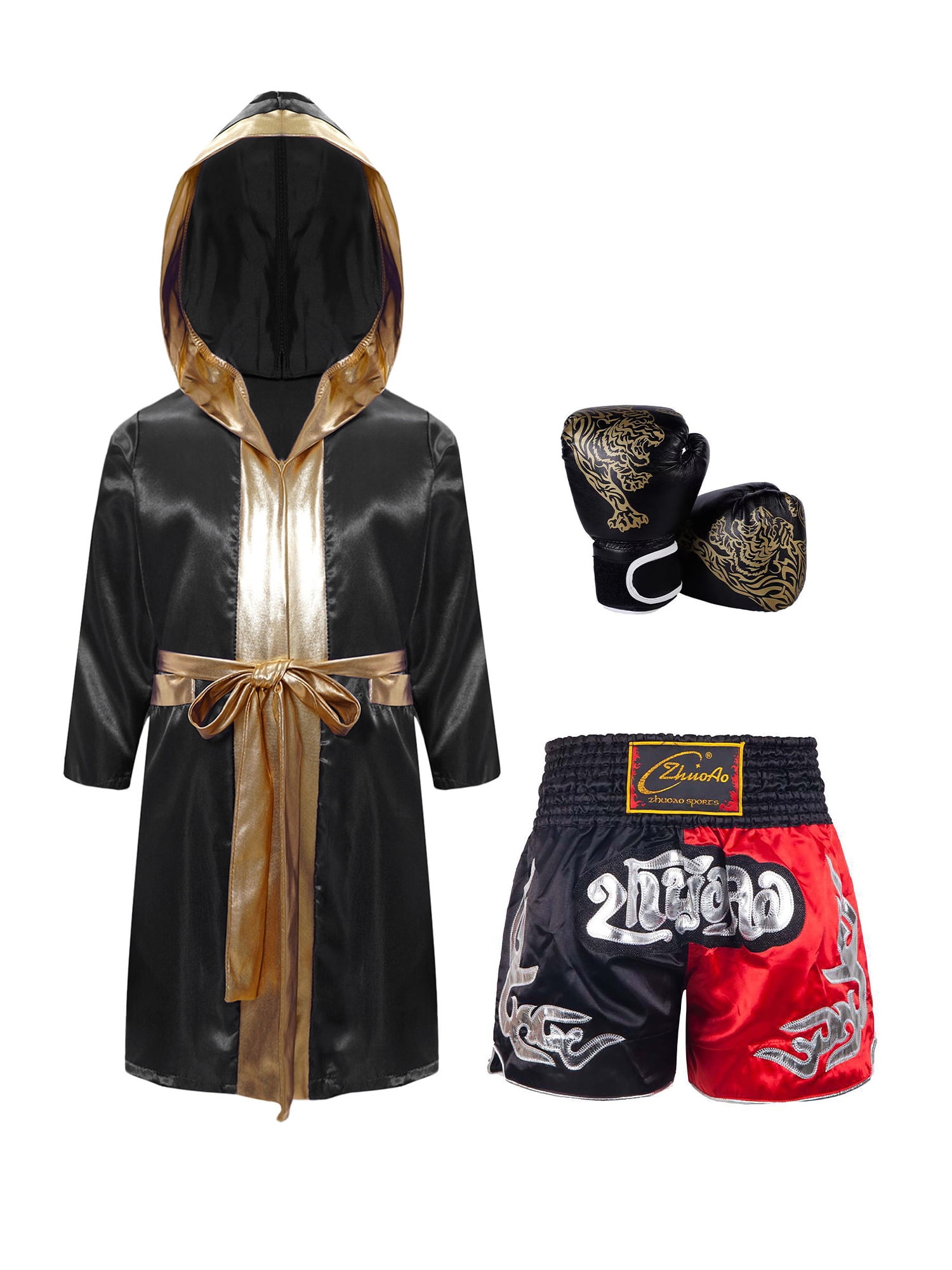 iefiel Kids Boys Boxing Uniform 3 Piece Satin Hooded Cloak Boxing Robe ...