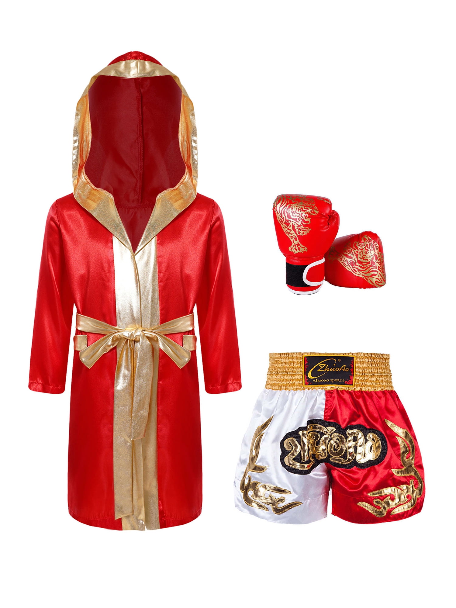 iefiel Kids Boys Boxing Uniform 3 Piece Satin Hooded Cloak Boxing Robe ...