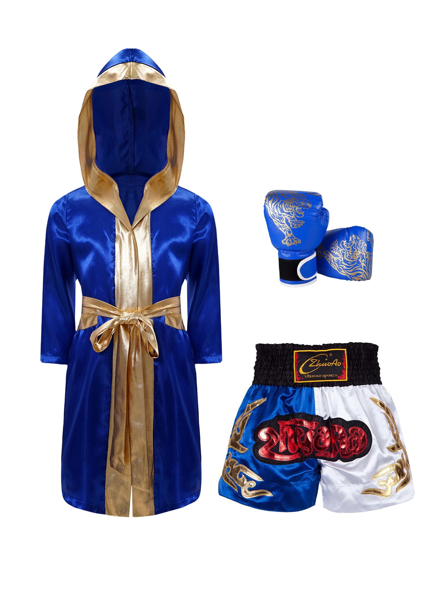 iefiel Kids Boys Boxing Uniform 3 Piece Satin Hooded Cloak Boxing Robe ...