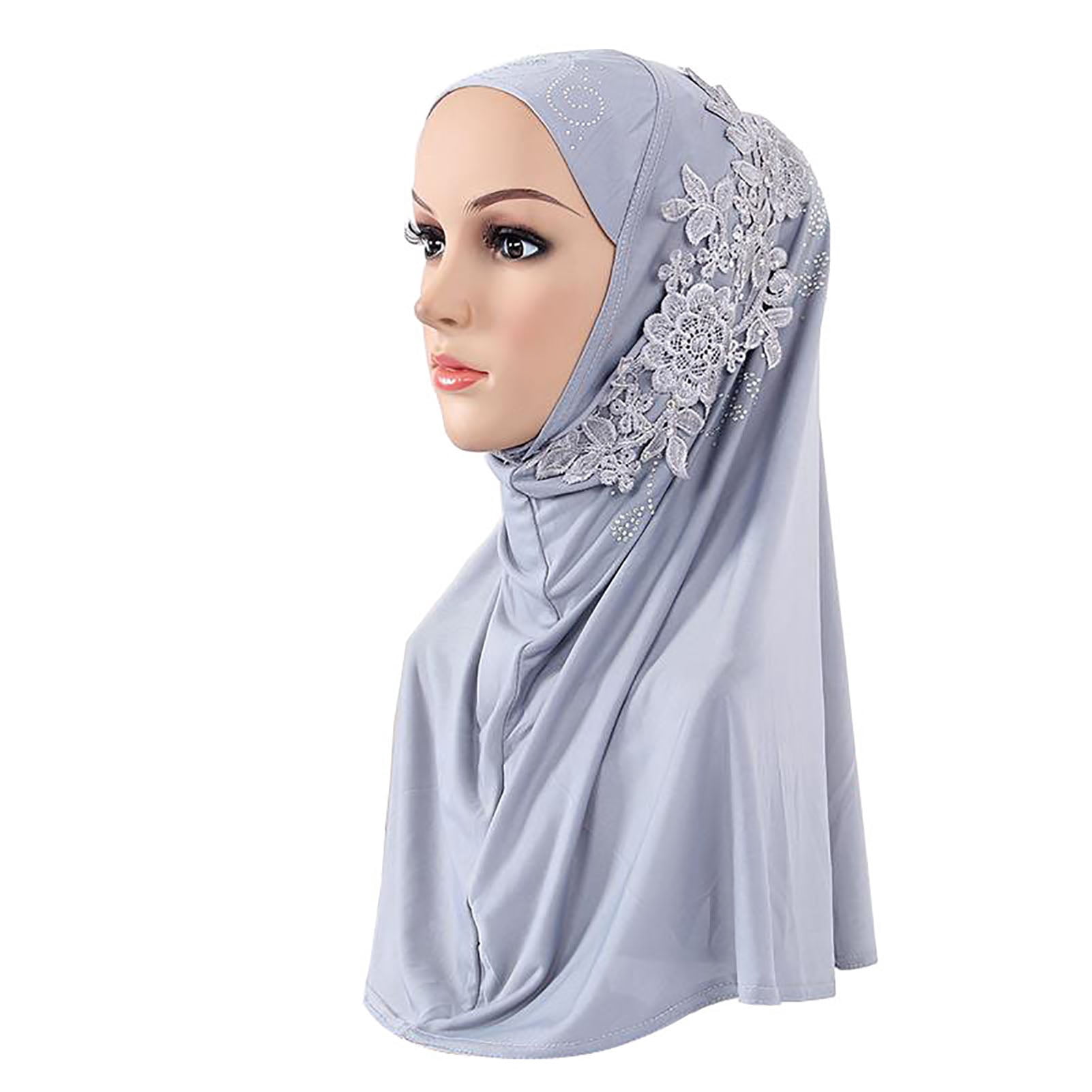 ievspot 1 Pcs Women Solid Color Lace Rhinestone Hijab Wrap Islamic ...