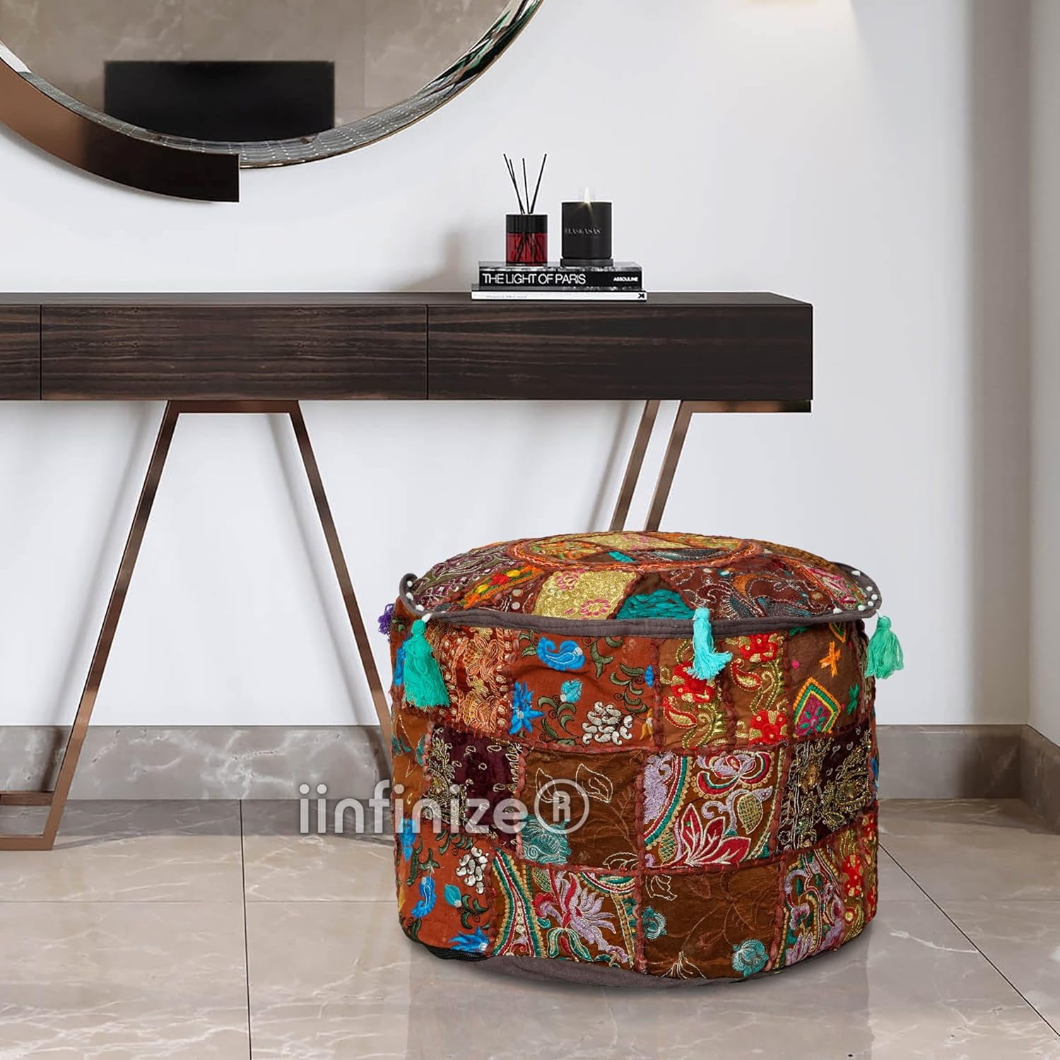 iinfinize Ottoman Pouffe Cover for Living Room 16 Inch Round Mudda Sitting Chair Pouffe Handmade ...