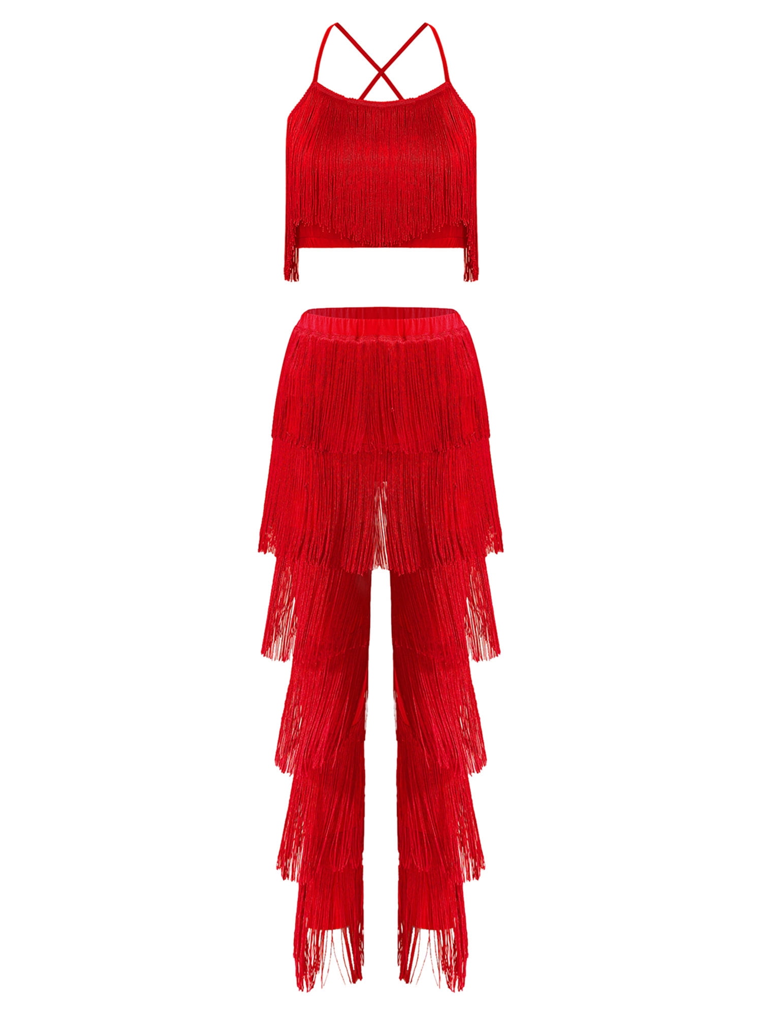 iiniim 2pcs Women Latin Dance Outfits Sets Tassel Camisole Tops Fringe ...