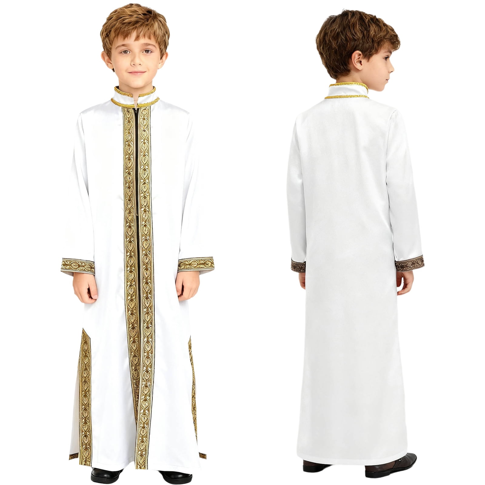 iiniim Boys Gold Embroidery Thobe Long Sleeve Zipper Kaftan Robe Prayer ...