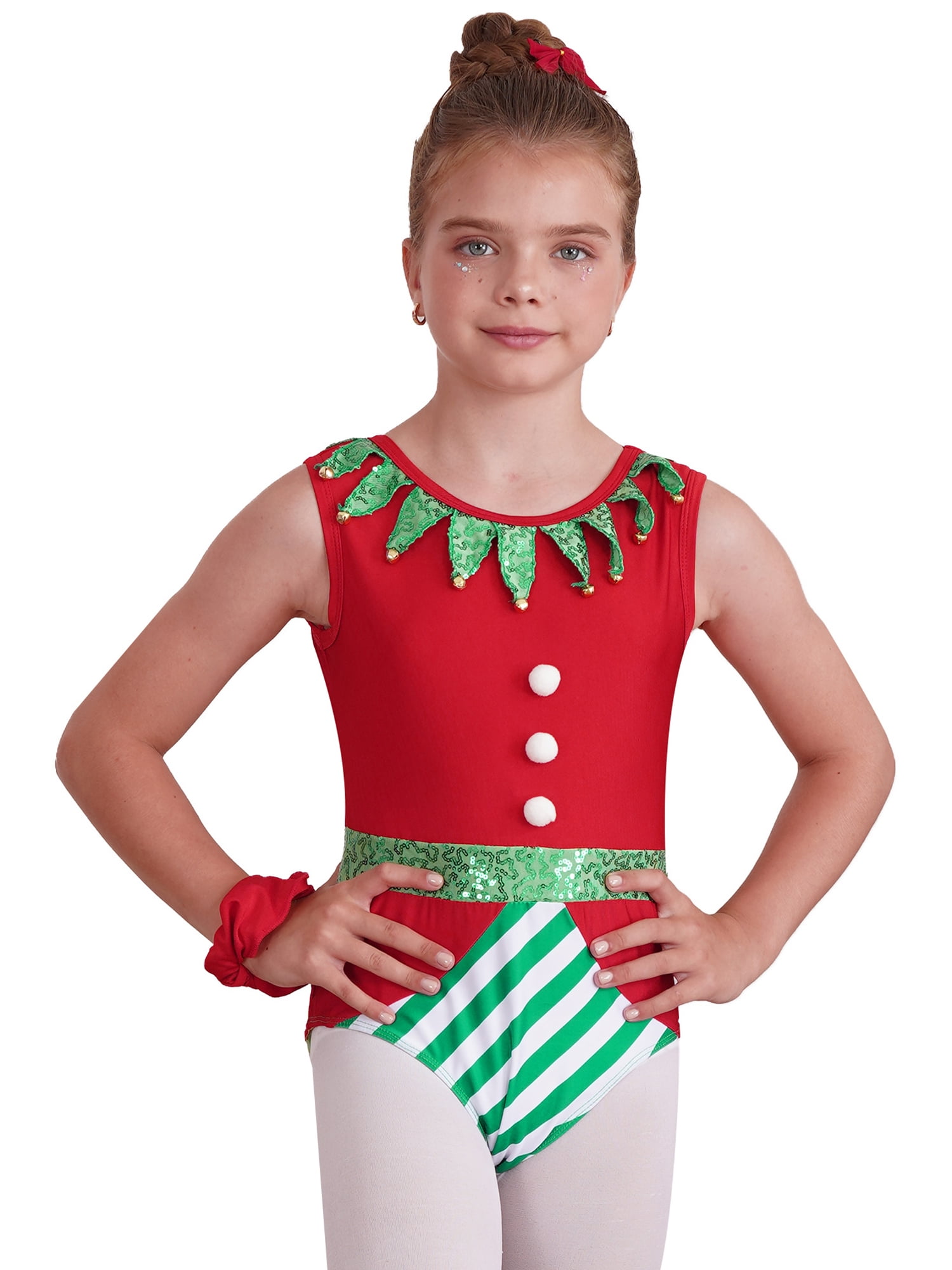Iiniim Christmas Gymnastic Leotards For Girl Sleeveless Athletic Dance Bodysuit Headband Outfit