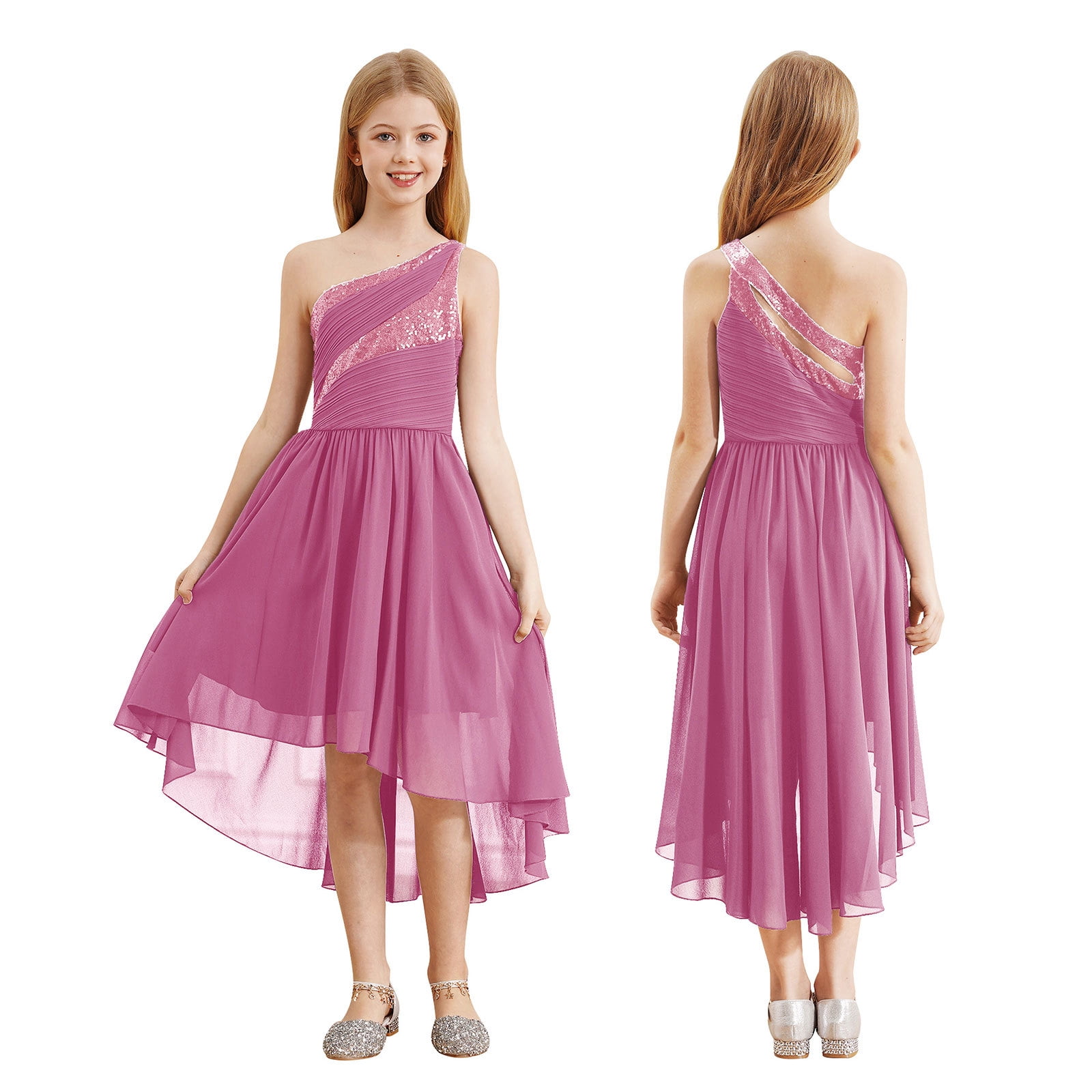 iiniim Flower Girl High Low Dress Kids Sparkly Sequins Ruched Chiffon ...