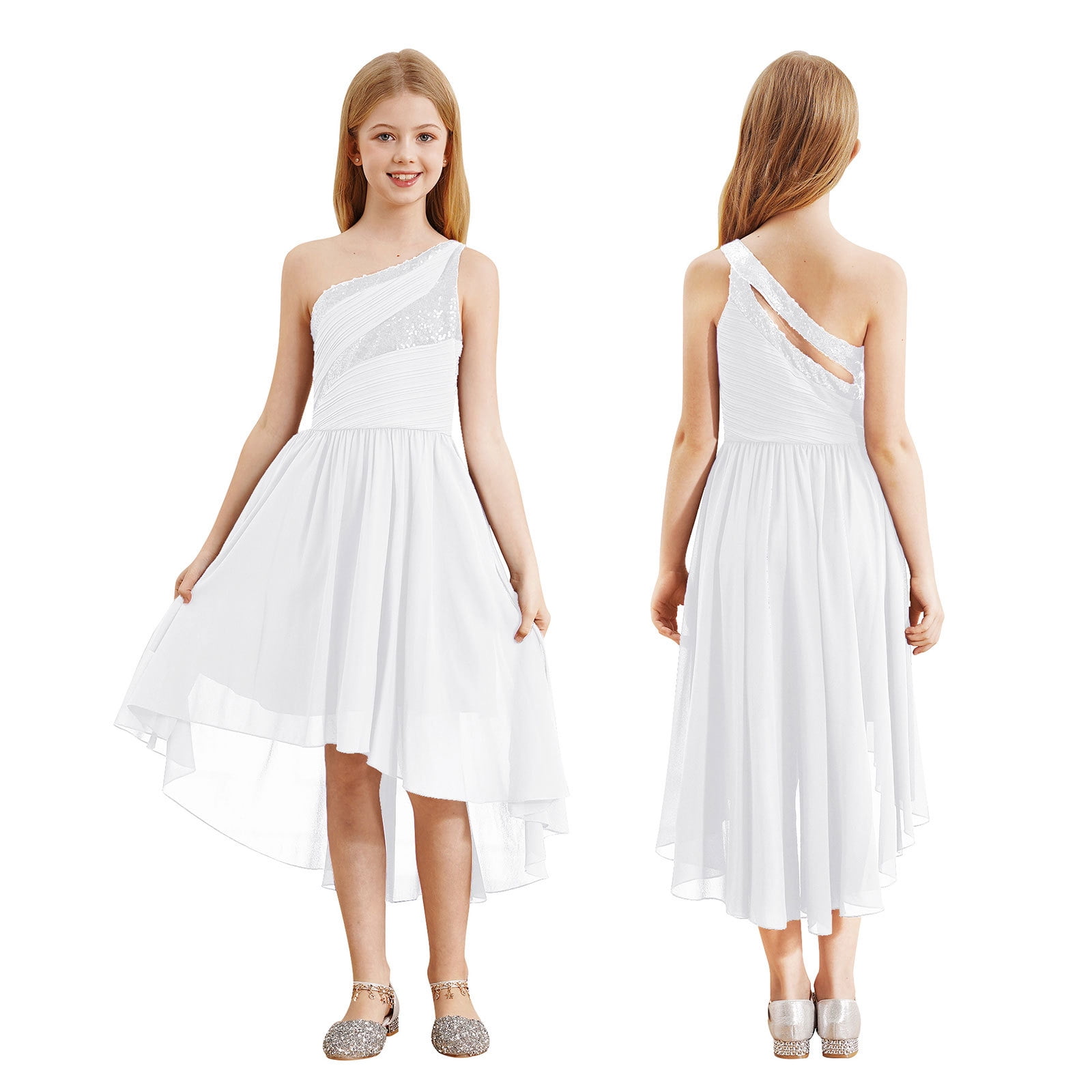 iiniim Flower Girl High Low Dress Kids Sparkly Sequins Ruched Chiffon ...